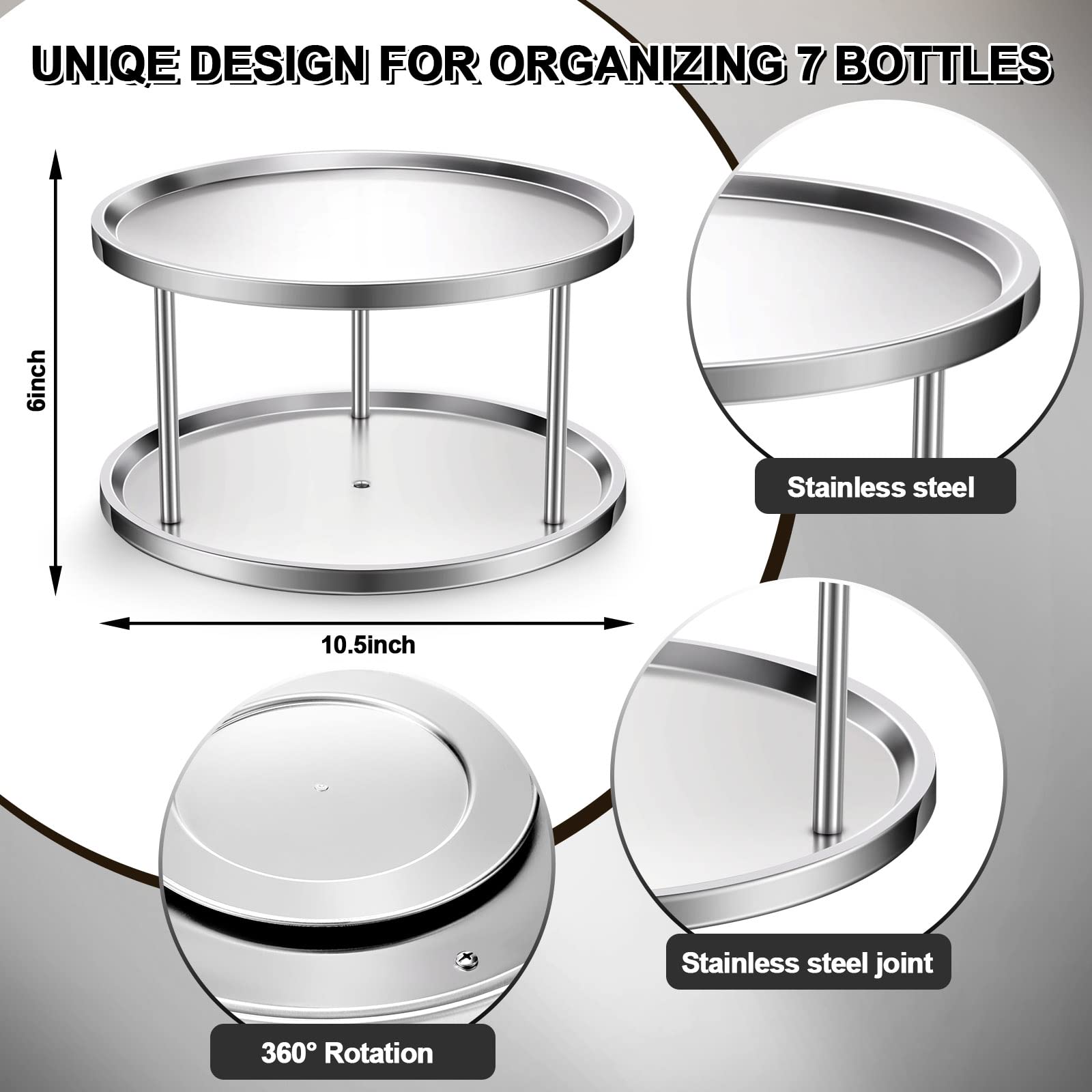 Zubebe 4 Pcs Stainless Steel Lazy Susan 2 Tier Rotating Spice Rack Lazy Susan Spice Rack Organizer for Cabinet 360 Degree Spice Rack Turntable Tray Kitchen Counter Cabinet Pantry Storage, 10.5 in