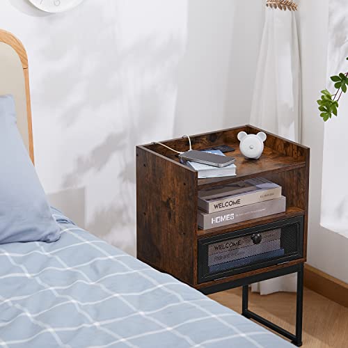 ZEXVIDA Nightstand with Charging Station for Small Space, Record Player Stand, Small End Table Sofa Side Table for Small Place Living Room Bedroom Apartment Reception, Rustic Brown