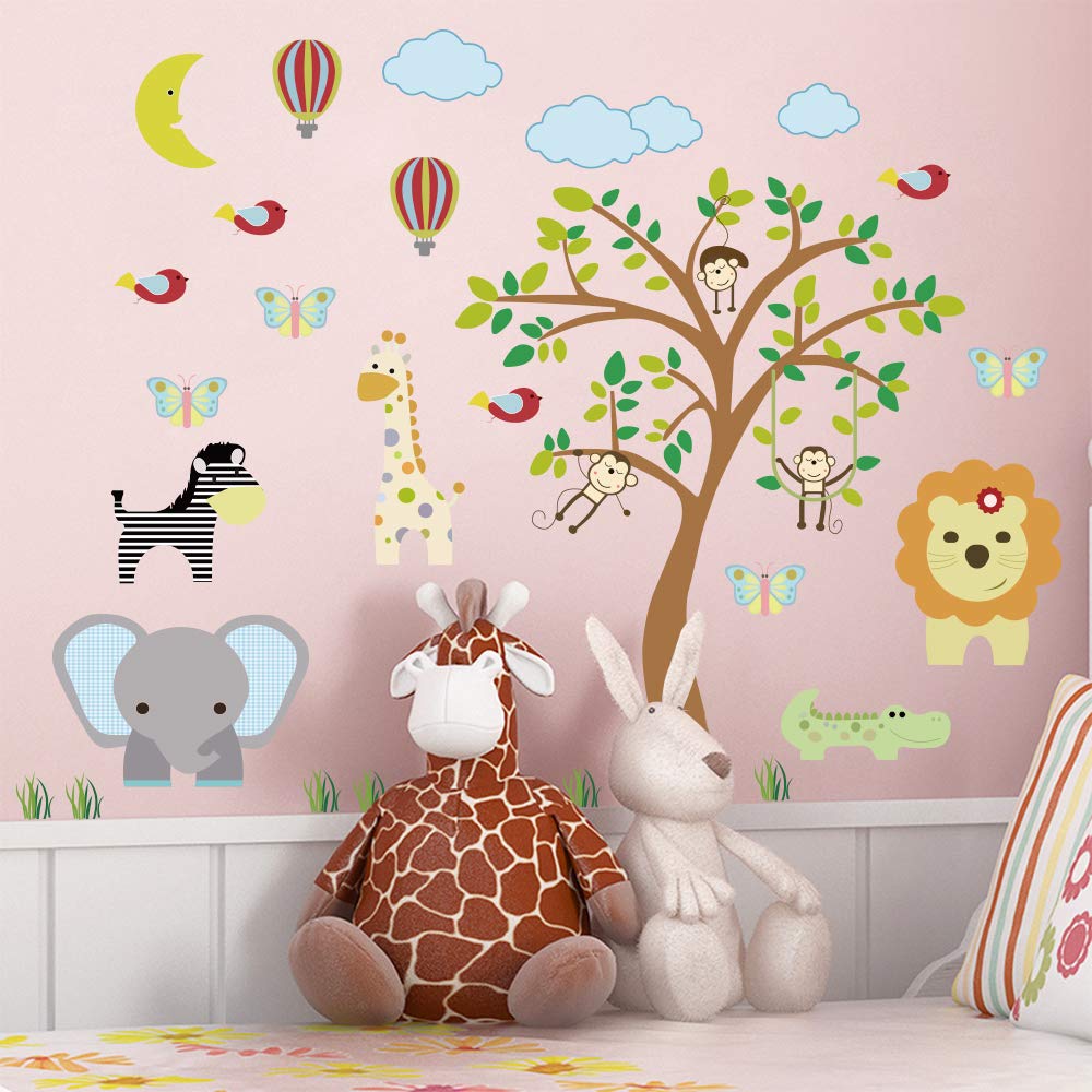 Supzone Jungle Tree Wall Stickers Pink Animal Wall Decals Removable for Girls Children's Room Nursery Bedroom Classroom Wall Decor