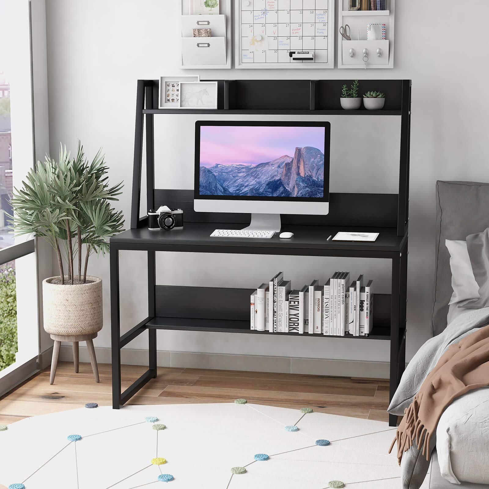 Twomaples Computer Desk with Hutch and Bookshelf - 47.2 inch Writing Study Desk for Home Office Sturdy Study Desk for Small Spaces Modern Wood Desk with Steel Frame Black
