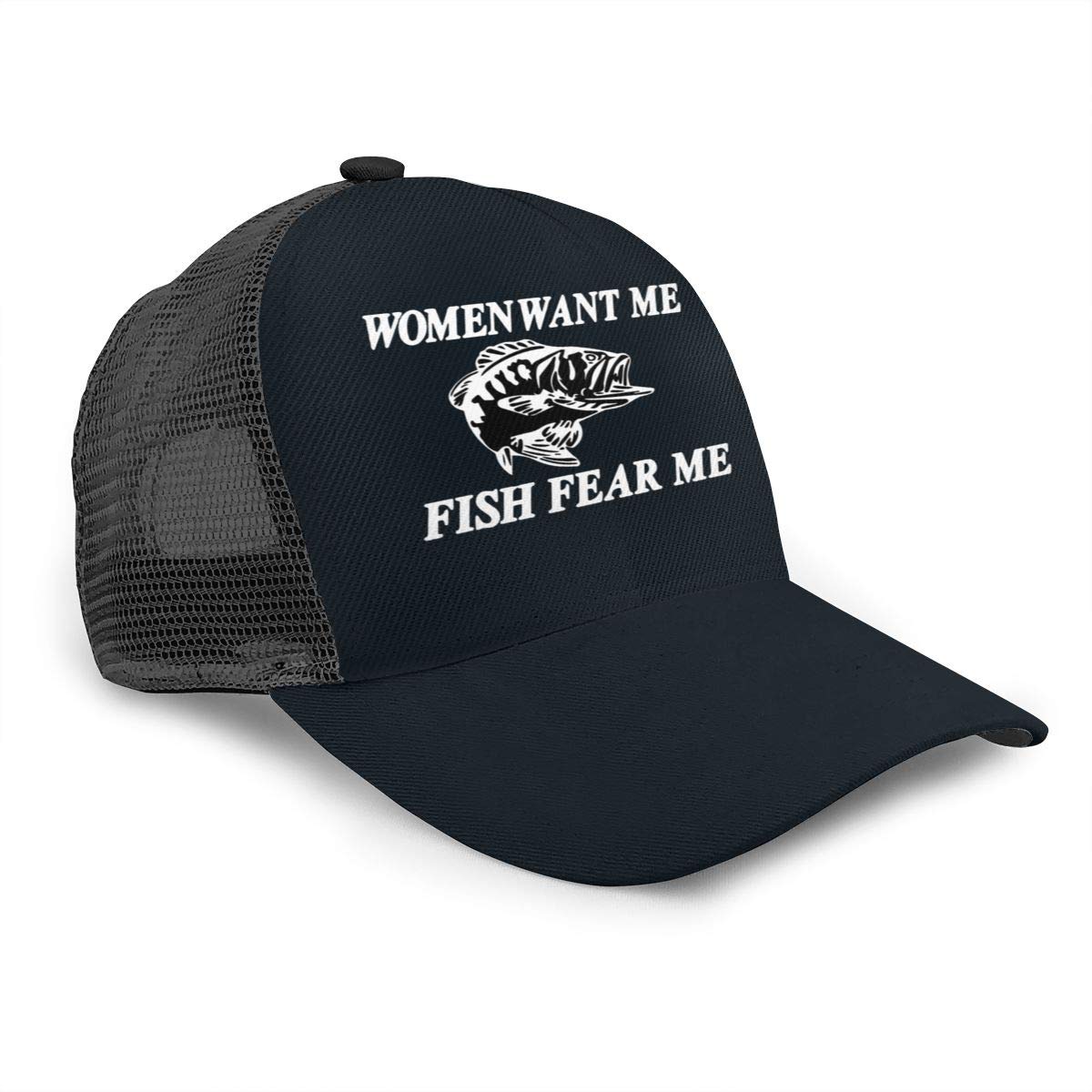 Women Want Me Fish Fear Me Retro Mesh Back Trucker Hat Men Women Fitted Baseball Cap Black