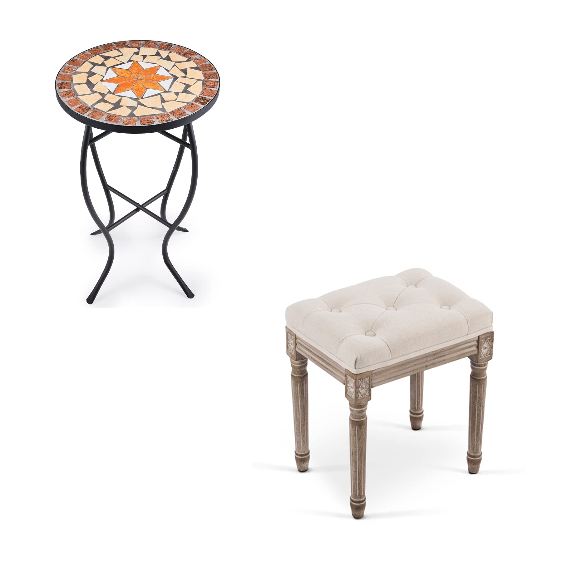 VONLUCE 21" Round End Table with 14" Ceramic Tile Top, Indoor & Outdoor Accent Table, Maple + French Vintage Foot Stool with Rustic Wood Legs and Padded Seat