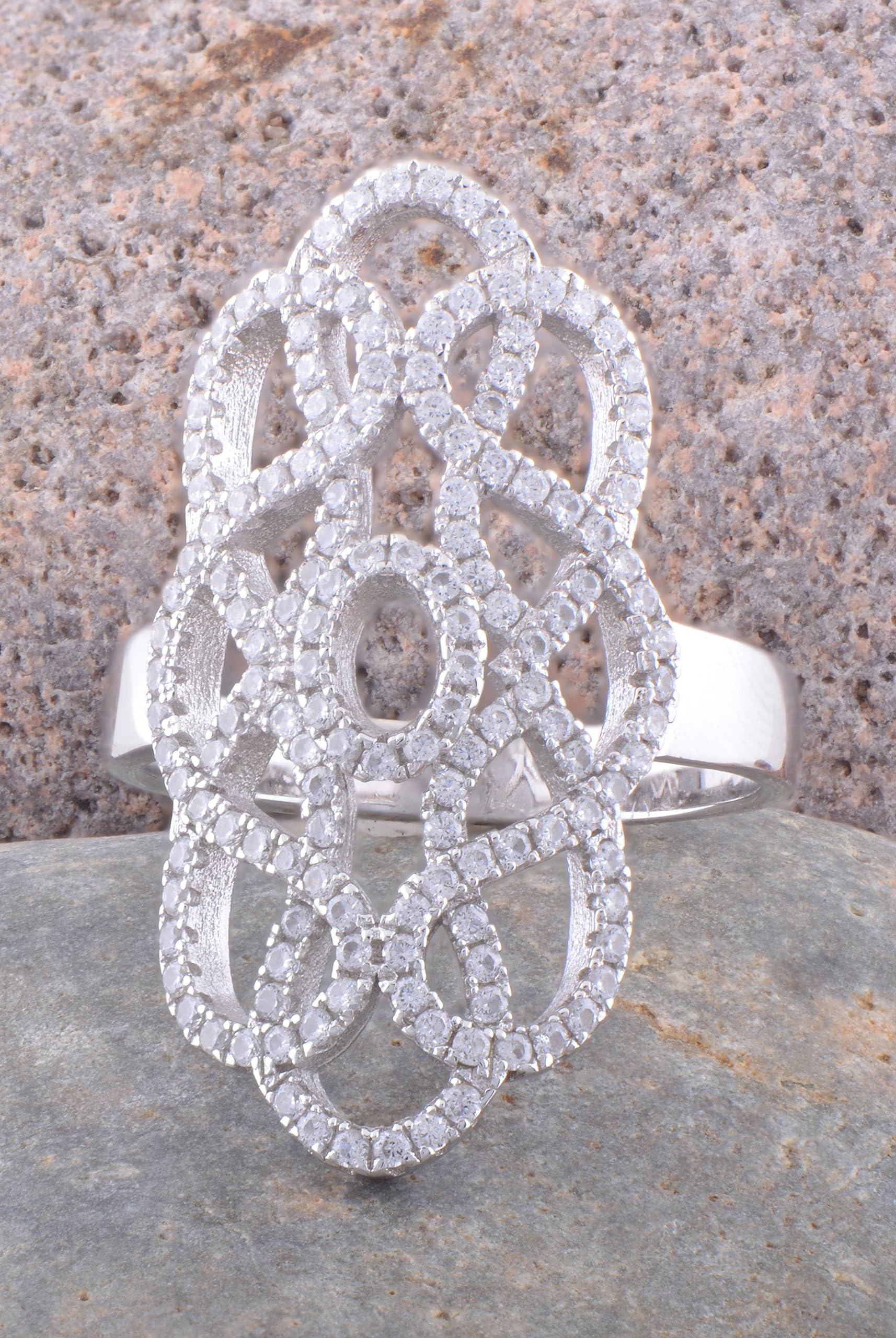 SILVERCLOSEOUT Rhodium Plated Sterling Silver Womens Cz Cubic Zirconia Filigree Armour Statement Ring - Size 7