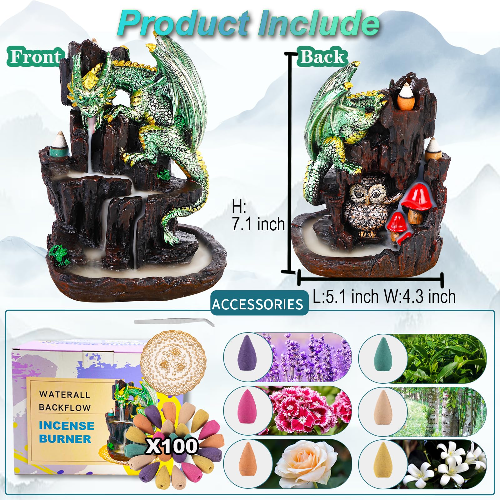 Zvaiuk Dragon Backflow 2 Sided Mountain Waterfall Incense Burner,Fountain Smoke Incense Holder with 100 Backflow Incense Cones, Tweezers, Mat,Resin Aromatherapy Meditation Decor
