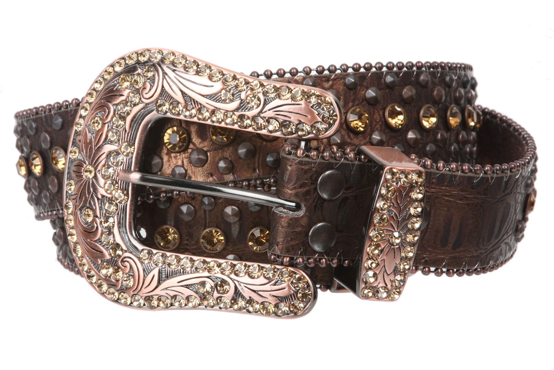 Western Cowgirl Faux Alligator Rhinestone Studded Leather Belt, Brown | 34"