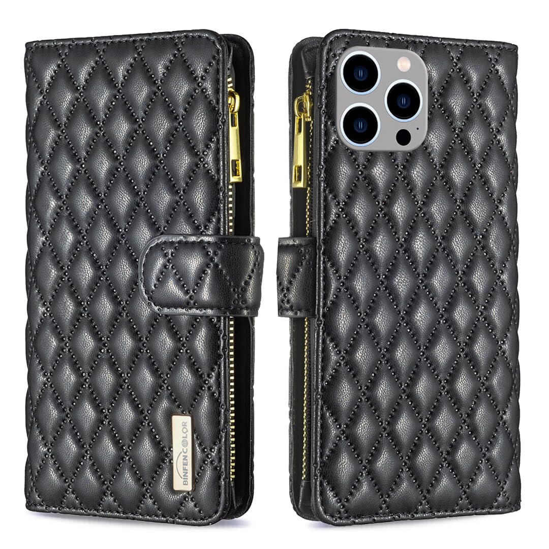 SUPWALL Wallet Case Compatible for iPhone 14 Pro Max | Flip Leather Case with Removable Wristlet Strap and 9 Card Holder | Magnetic Closure Case with Zipper for Men Women | Black
