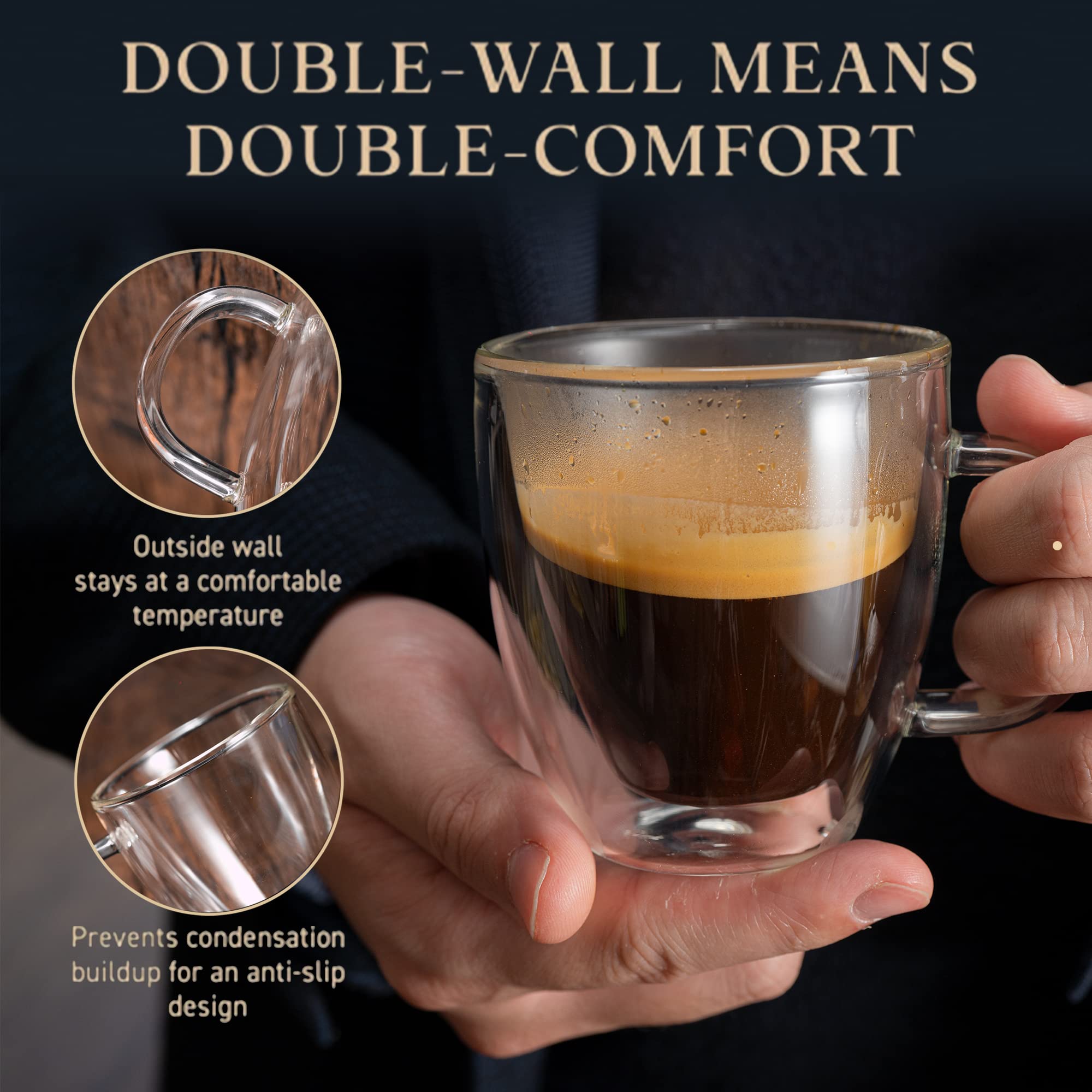 YUNCANG 5.5 oz Espresso Mugs (Set of 2), Double Wall Glass Coffee Cups with Handle Insulated Glasses Espresso Mugs
