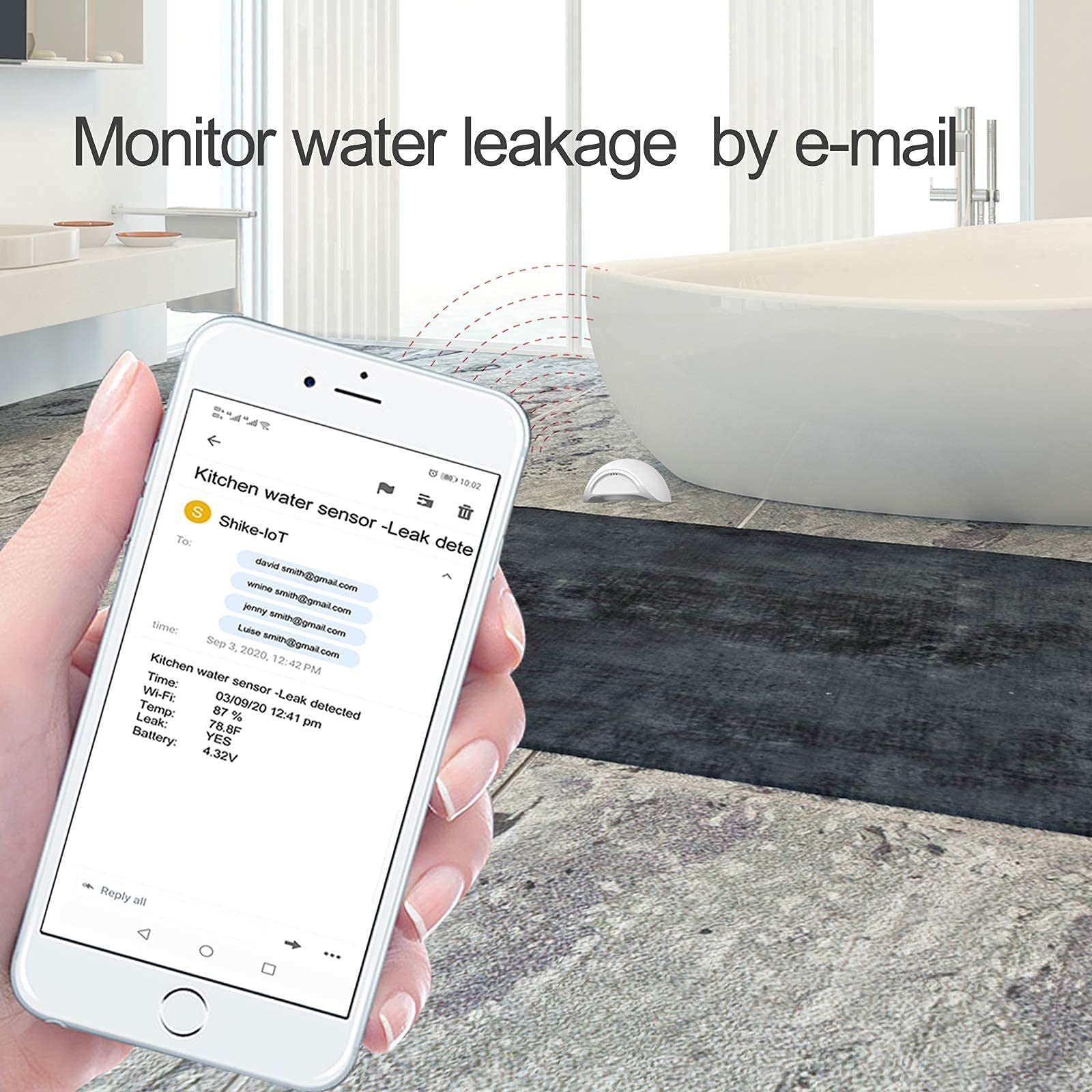 ShikeIoT Wireless Water Leak Detector with Email,Wi-Fi Flood&Freeze Sensor, Smart Leak and Drip Alert,Loud Audible Alarm Alerts–No Need Install-Remote Waterproof Leak Sensor for Home, Basement 1 Pack