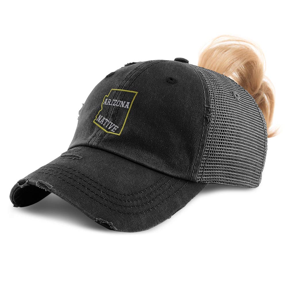 Womens Ponytail Cap Arizona State Native Embroidery Cotton Distressed Trucker Hats Strap Closure Black