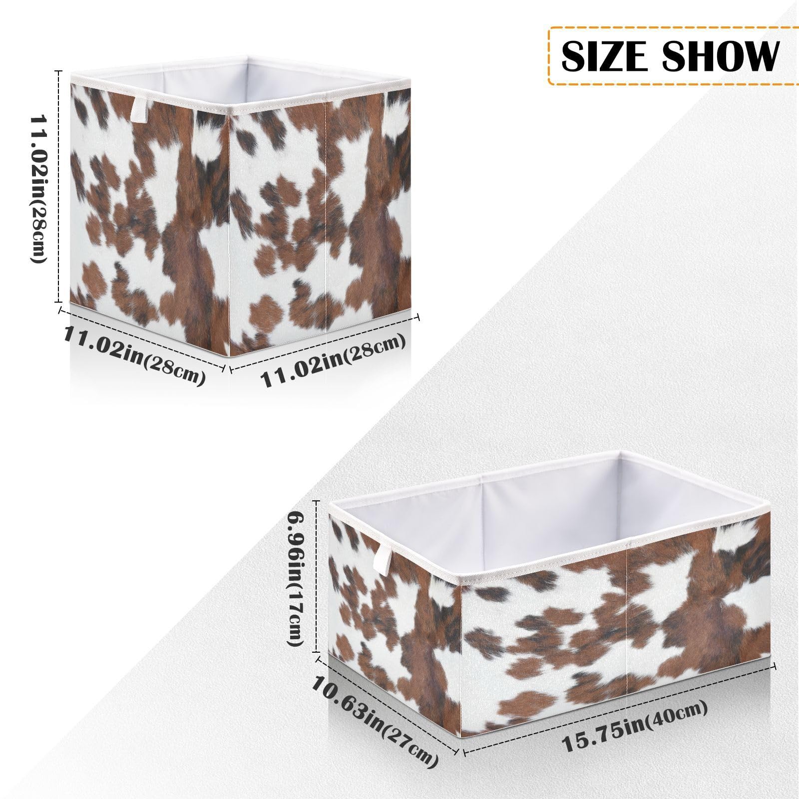 xigua White Brown Print Cow Cube Storage Box, Foldable Fabric Storage Cube Portable Storage Basket for Bookshelf Closet Laundry Room Nursery Home Decor, 15.75x10.63x6.96In