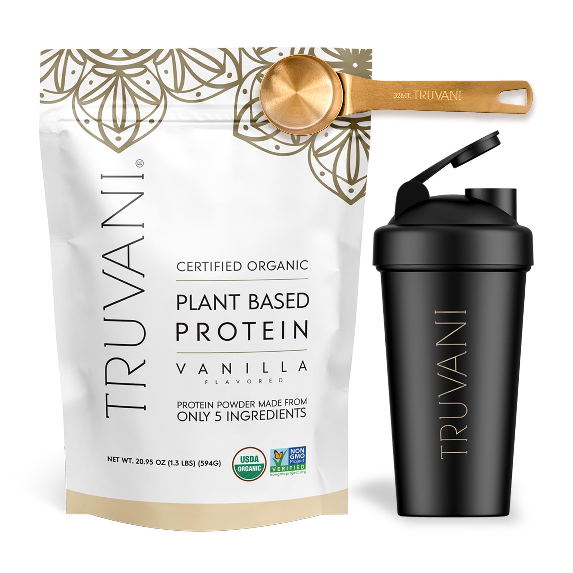 Truvani Vegan Vanilla Protein Powder with Shaker Cup & Scoop Bundle - 20g of Organic Plant Based Protein Powder - Includes Stainless Steel Shaker Cup & Durable Protein Metal Scoop