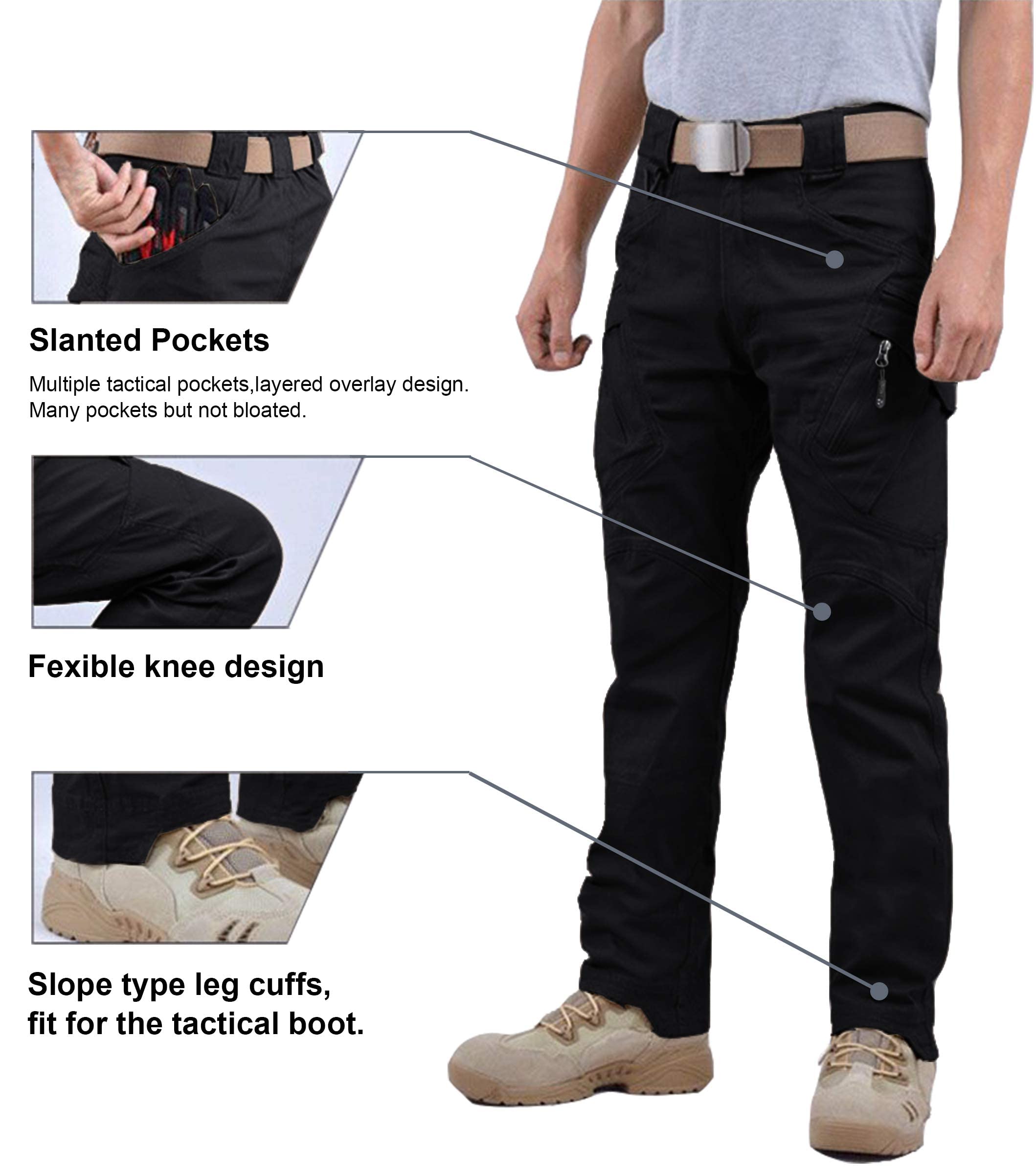Susclude Men's Tactical Pants Stretch, 9 Pockets Rip Stop Lightweight Cargo Work Military Trousers Outdoor Hiking Plus Size Pants Black 40Wx32L