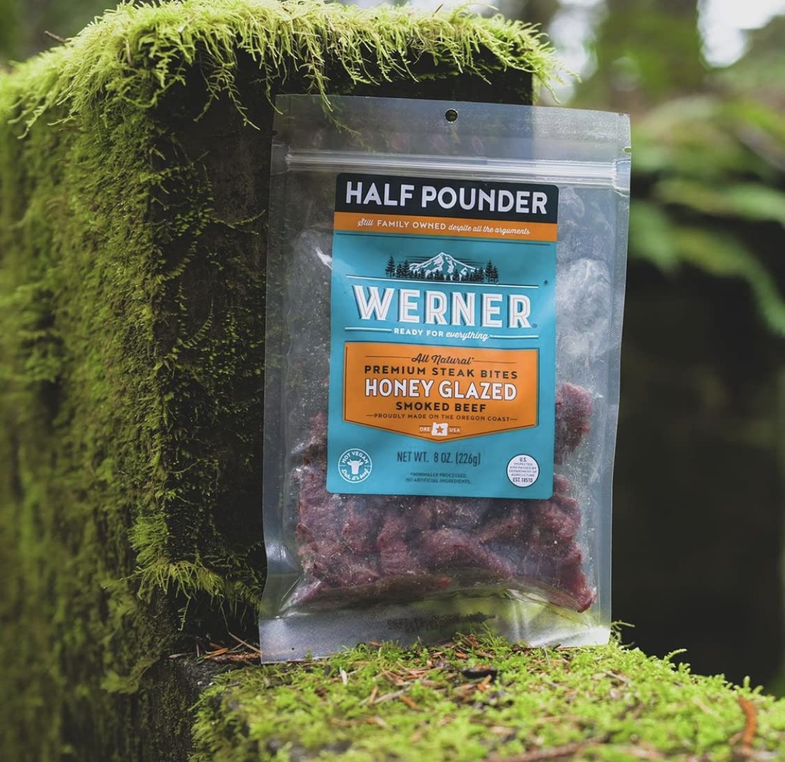 Werner Premium Steak Bites All-Natural Half Pounder Bag – 8 Ounce Resealable Bag of Premium Steak Jerky Bites Smoked Beef Snack (Honey Glazed)