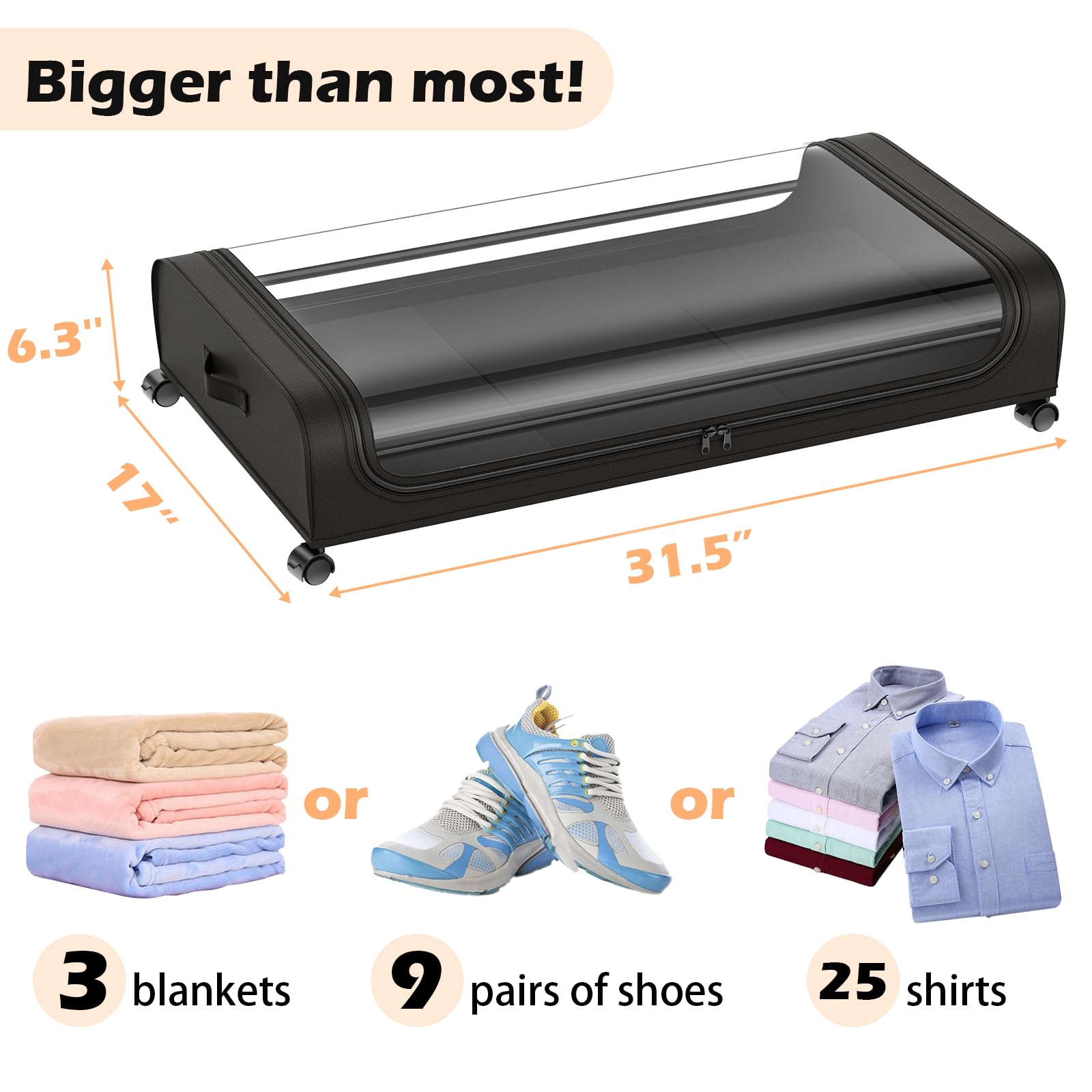 Under Bed Storage Drawers with Wheels and Lid - 48L×2 Pack Under Bed Shoe Storage Organizer - Large Under Bed Storage Bins for Dorm, Couch - Rolling Underbed Storage Containers - Elegant Black