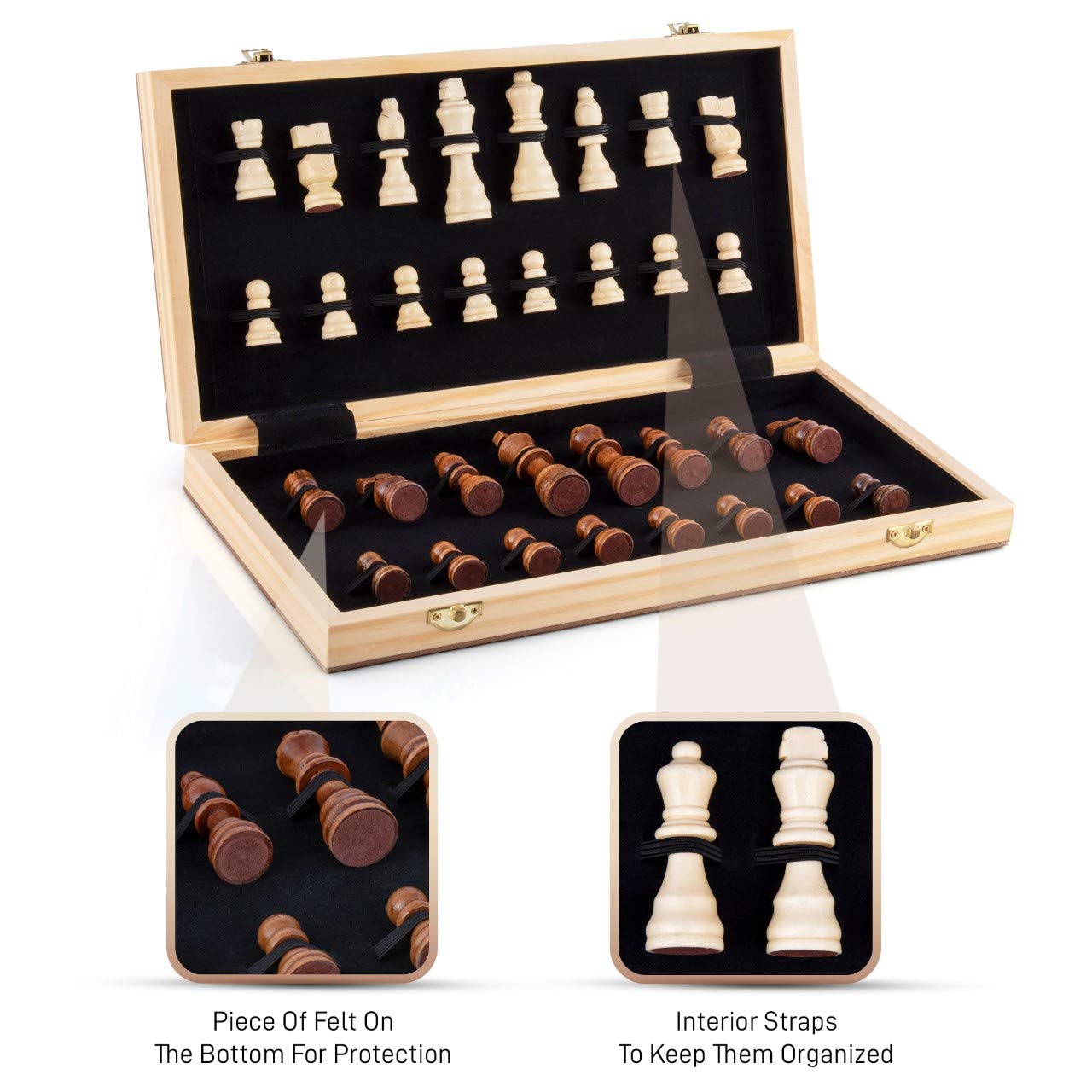 Wooden Chess Set - Handcrafted Chess Pieces - 15 Inch Chess Board - Foldable - Interior Storage Space - Travel Friendly - Felt Bottom - 3 Inch King - Bonus Wooden Checkers Pieces