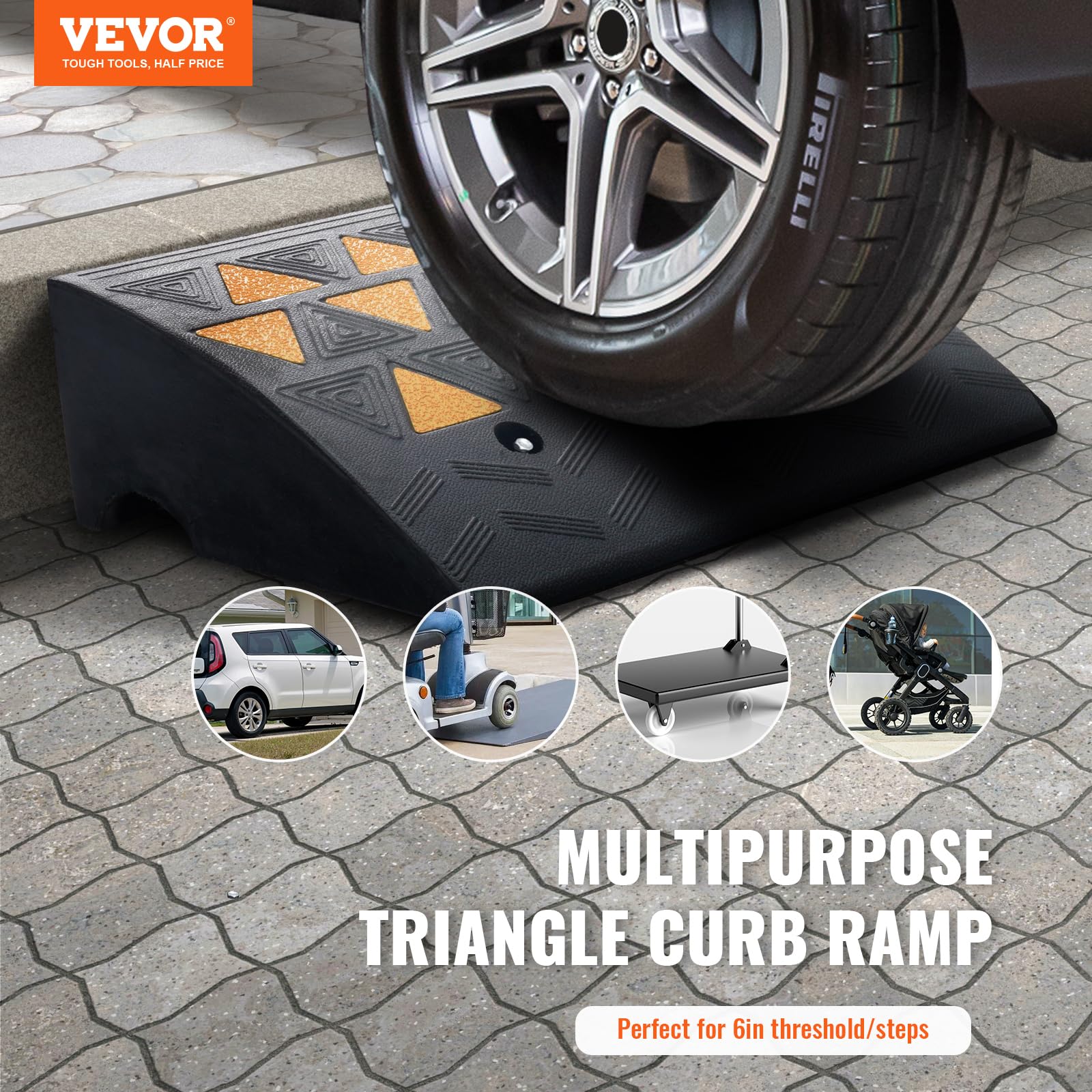VEVOR Rubber Curb Ramp 6" Rise, Heavy Duty Sidewalk Car Ramp for Driveway, 15 Ton Driveway Ramp for The Curb Forklifts Trucks Buses