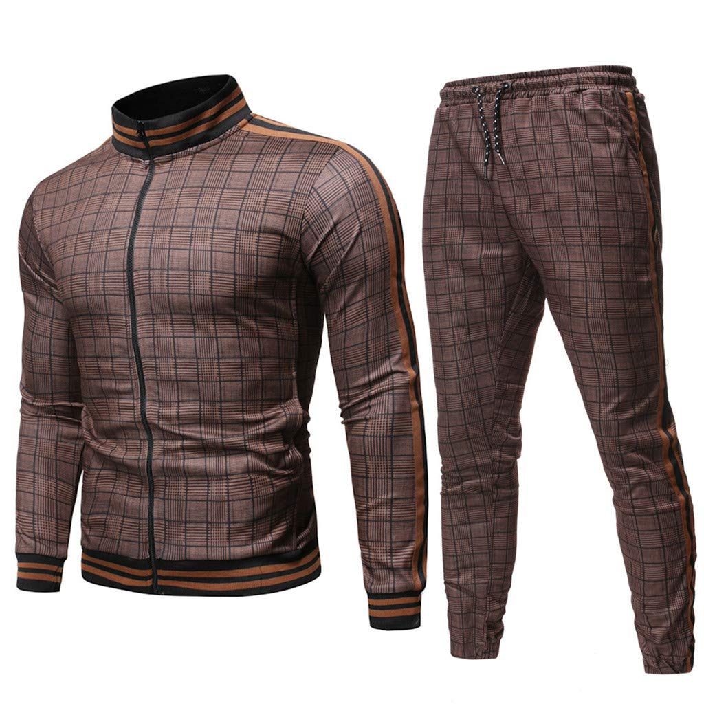 VEZAD Store Mens Plaid 2Pc Zipper Tracksuit,Autumn Printed Sweatshirt Top Pants Sets Sports Suit Tracksuit