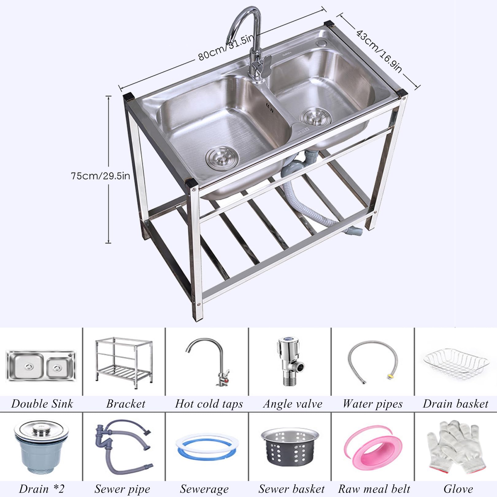 ZILZAL Simple Kitchen Sink Commercial Sink 2 Compartment Free Standing Utility Sink for Garage, Restaurant, Kitchen, Laundry Room