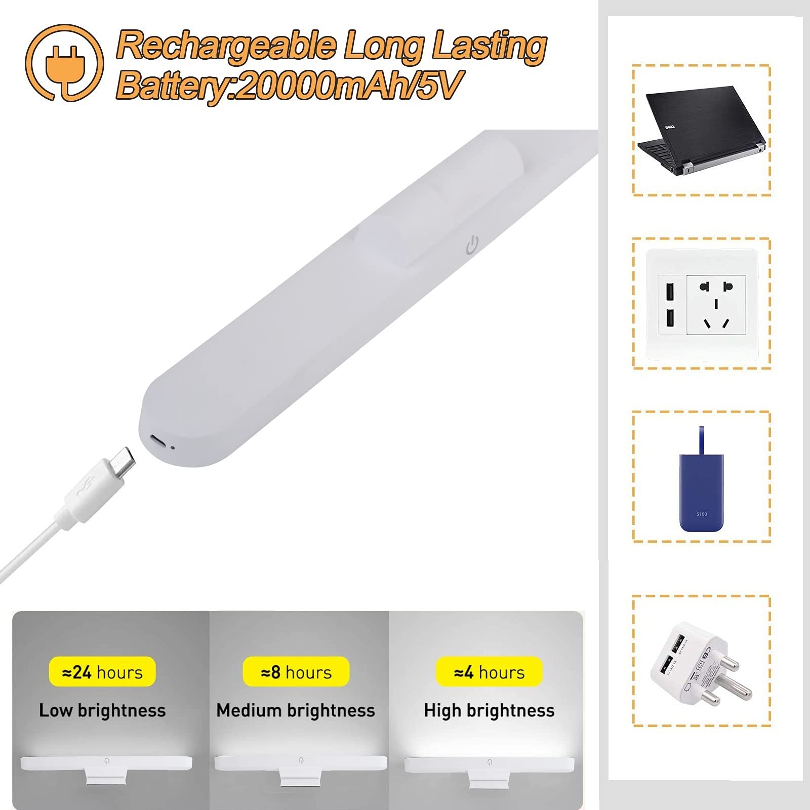 Under Cabinet Lighting, KUCAM 5W Magnetic Closet Lights with Remote, Dimmable Touch Control, 3 Color Modes, USB Rechargeable Reading Light Bar for Bedside, Computer Desk, Kitchen, Mirror (Black)