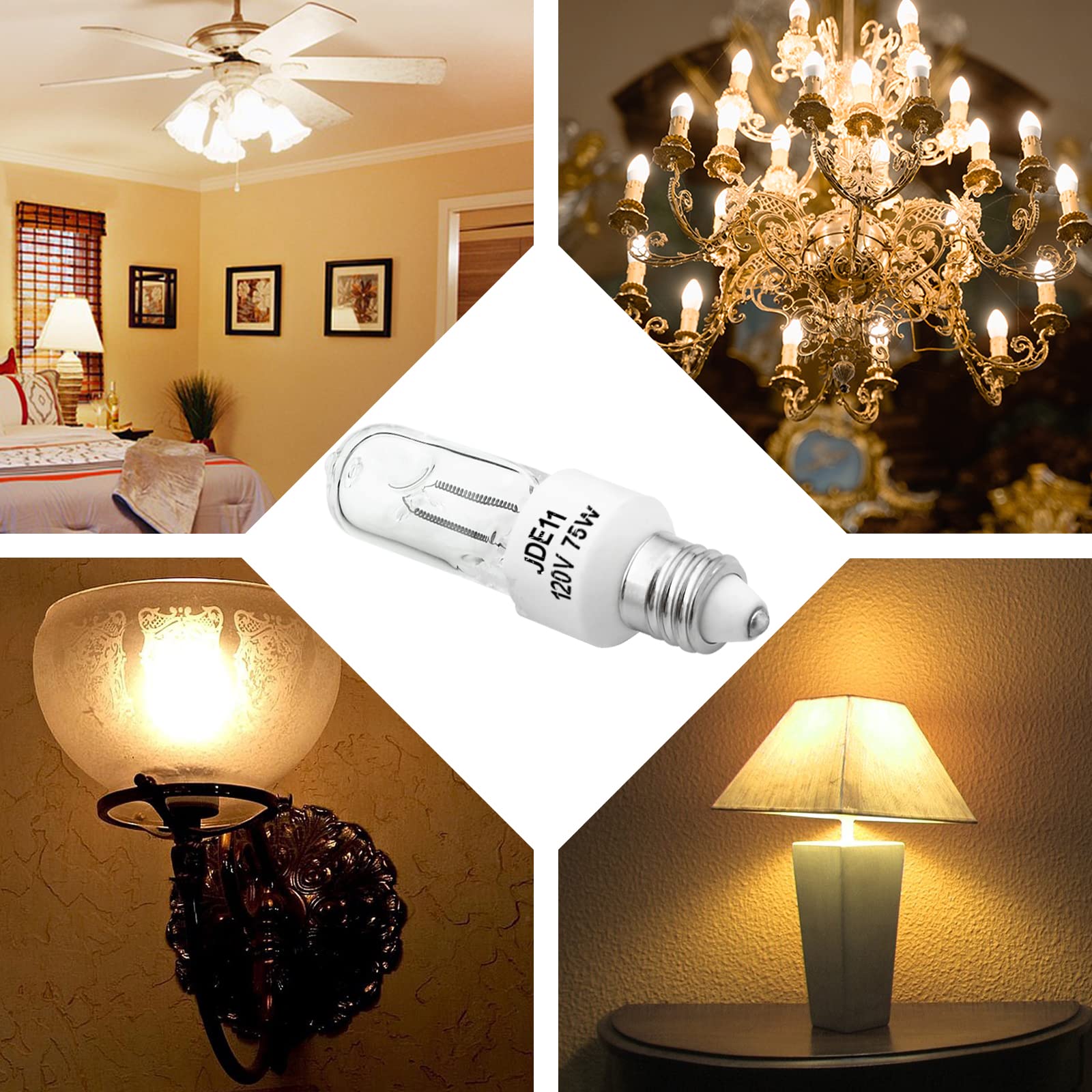 YBEK JDE11 75W 120V Halogen Bulb T4 Mini Candelabra Base Warm White 2800K Dimmable JD E11 Bulbs(Pack of 5)