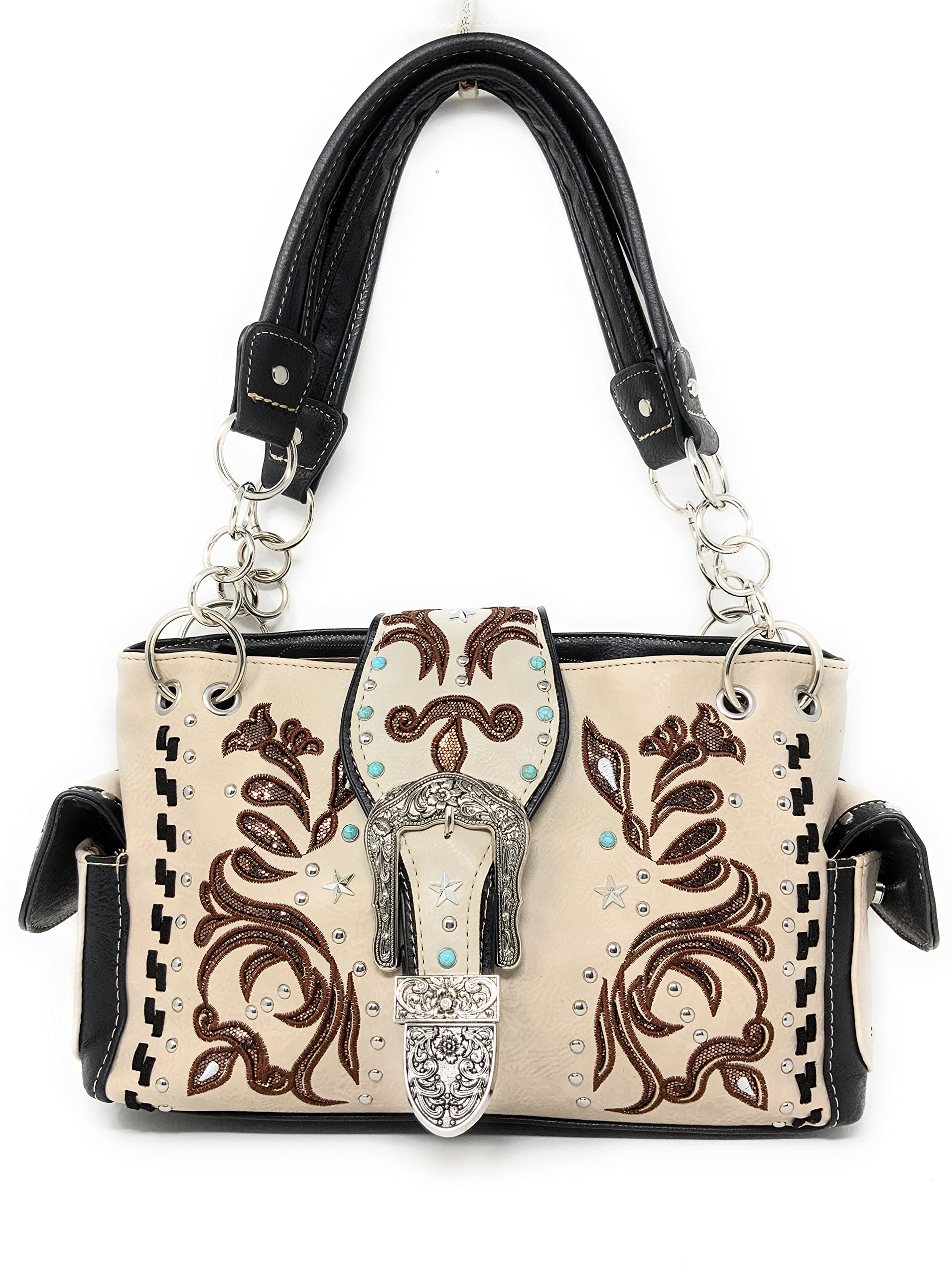 Western Women's Tooled Leather/Laser Cut Purse Buckle Concealed Carry Handbag and Wallet in 5 Colors (Beige Wallet only)