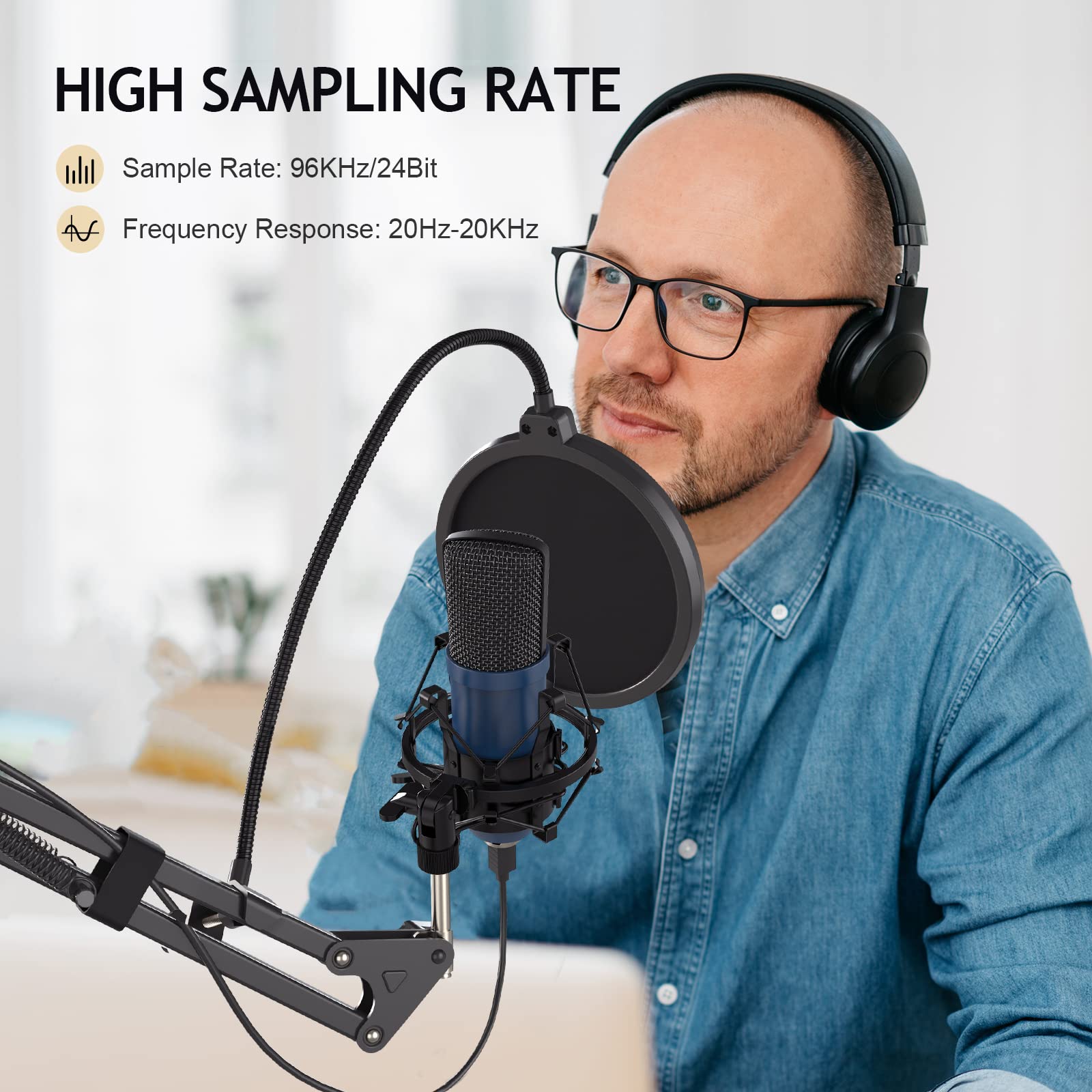 ZINGYOU USB Condenser Microphone, 96KHz/24Bit Cardioid Computer Mic Kit for PC Recording, Gaming, Podcasting, Live Streaming, Voice Over, YouTube, Twitch,with Upgraded Boom Arm, ZY-UA2 (Blue)