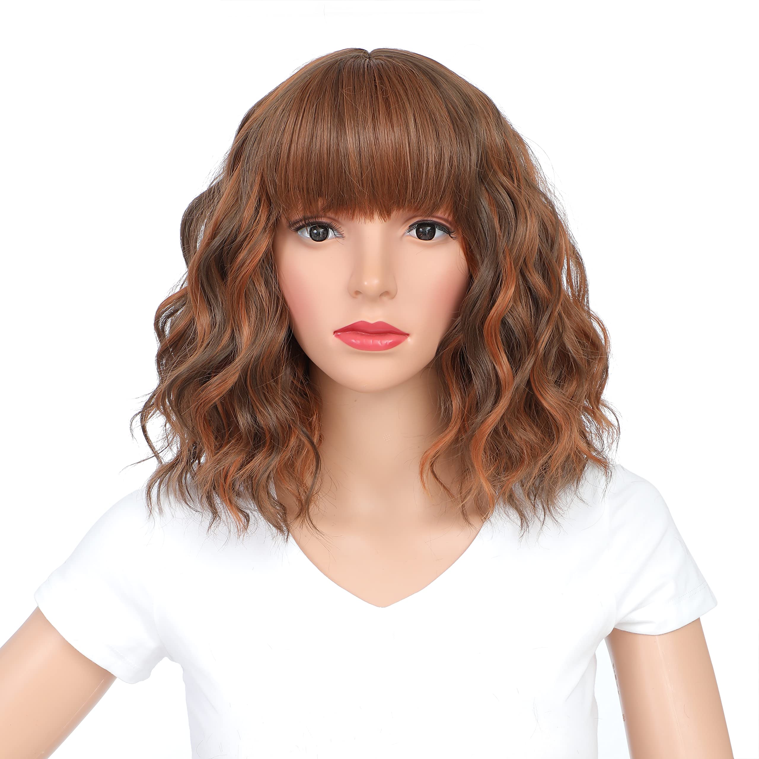 SWACC 12 Inch Short Curly Wavy Bob Wig with Bangs Synthetic Hair Wig for Women with Wig Cap (Hot Pink)