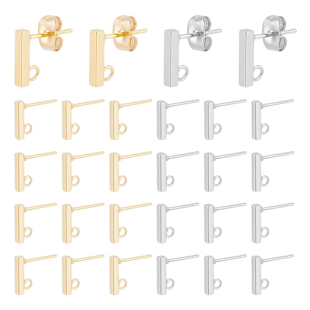 UNICRAFTALE Hypoallergenic Stud Earring with Loop 40 Pieces Rectangle Earring with Ear Nut 0.8mm Pin Stainless Steel Earring Posts for DIY Earrings Jewelry Making