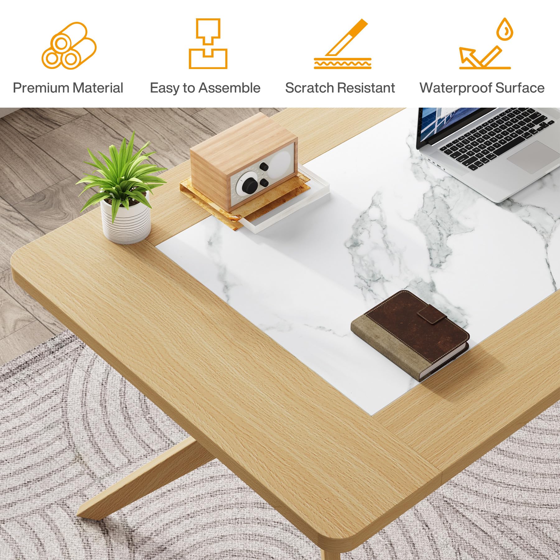Tribesigns 63-Inch Executive Desk, Modern Office Desk with Solid Wood X-Shape Frame, Large Computer Desk Writing Table Business Furniture for Home Office (Oak and White Marble)