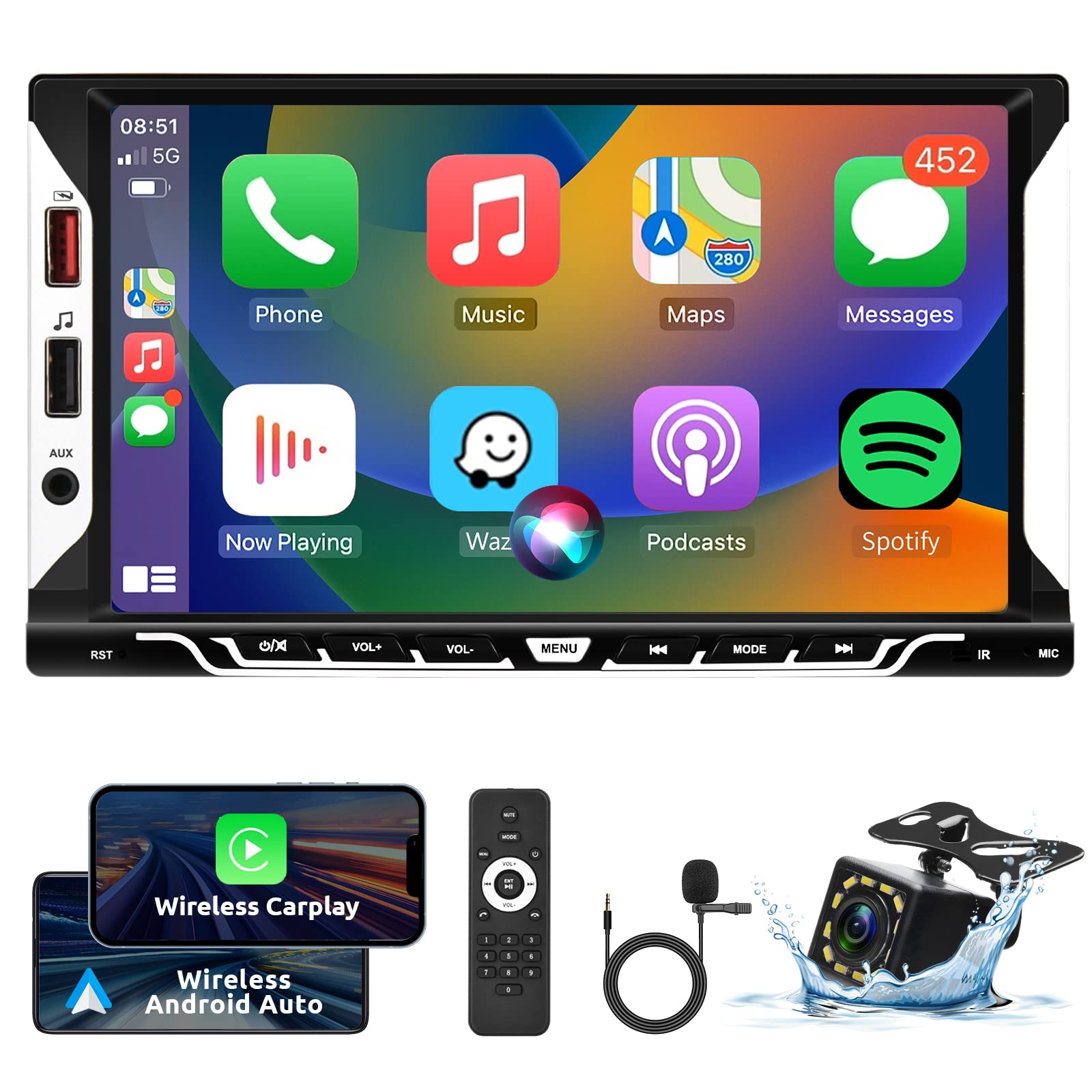 Wireless Carplay Double Din Car Stereo Android Auto, METEESER 7-Inch Touch Screen Car Radio Support Bluetooth 5.1, Head Unit with Backup Camera, Mirror Link, FM Radio, SWC, AUX in, USB, Mic