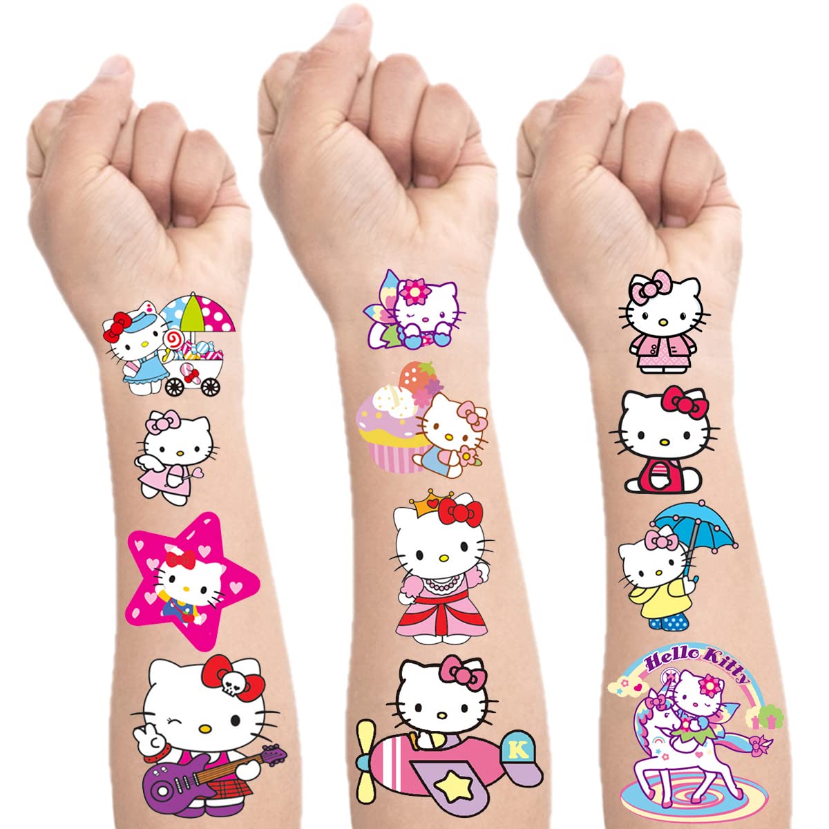 Waterproof Temporary Tattoos for Hello Kitty,Pink Cat Birthday Party Supplies Kids Temporary Tattoo(8 Sheets-6.1inch X 4.3inch)
