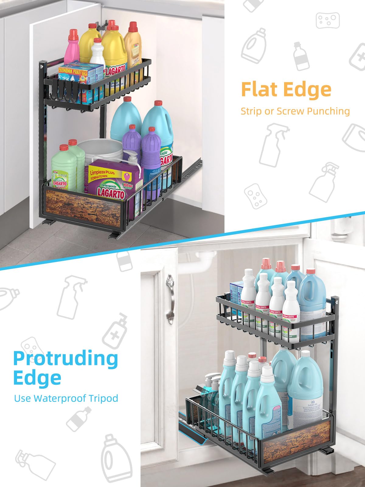 Under Sink Organizers 2 Tier - Kitchen Under Sink Organizer Storage Metal,Pull Out Cabinet Organizer,Adjustable Height Organizer with Hooks,Sturdy Slide Out Storage for Kitchen Bathroom Cabinet