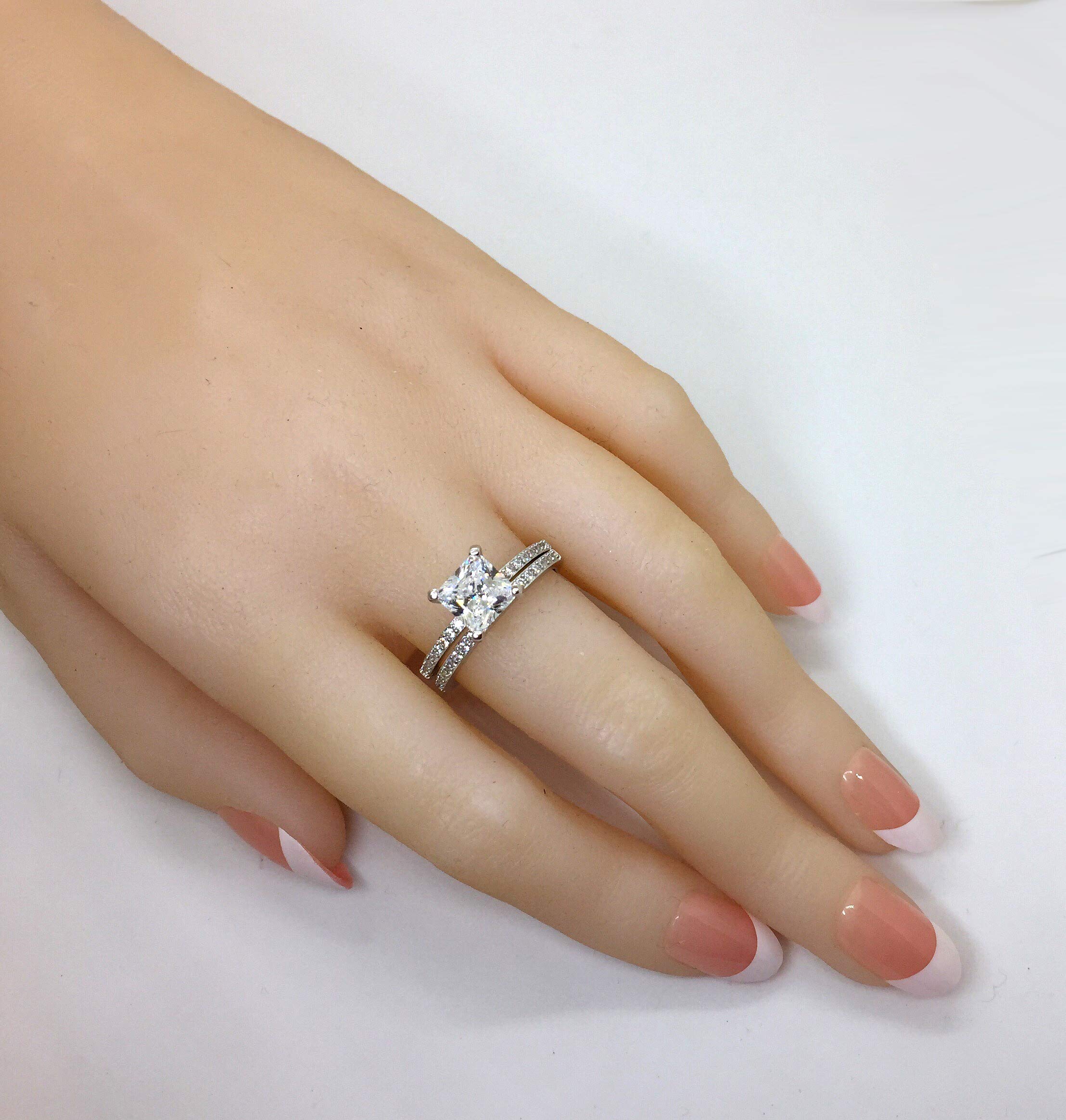Venetia 101 Facets Realistic Supreme Princess Cut 1.5 Carat Simulated Diamond Ring Band Set 925 Silver Platinum Plated BSQ