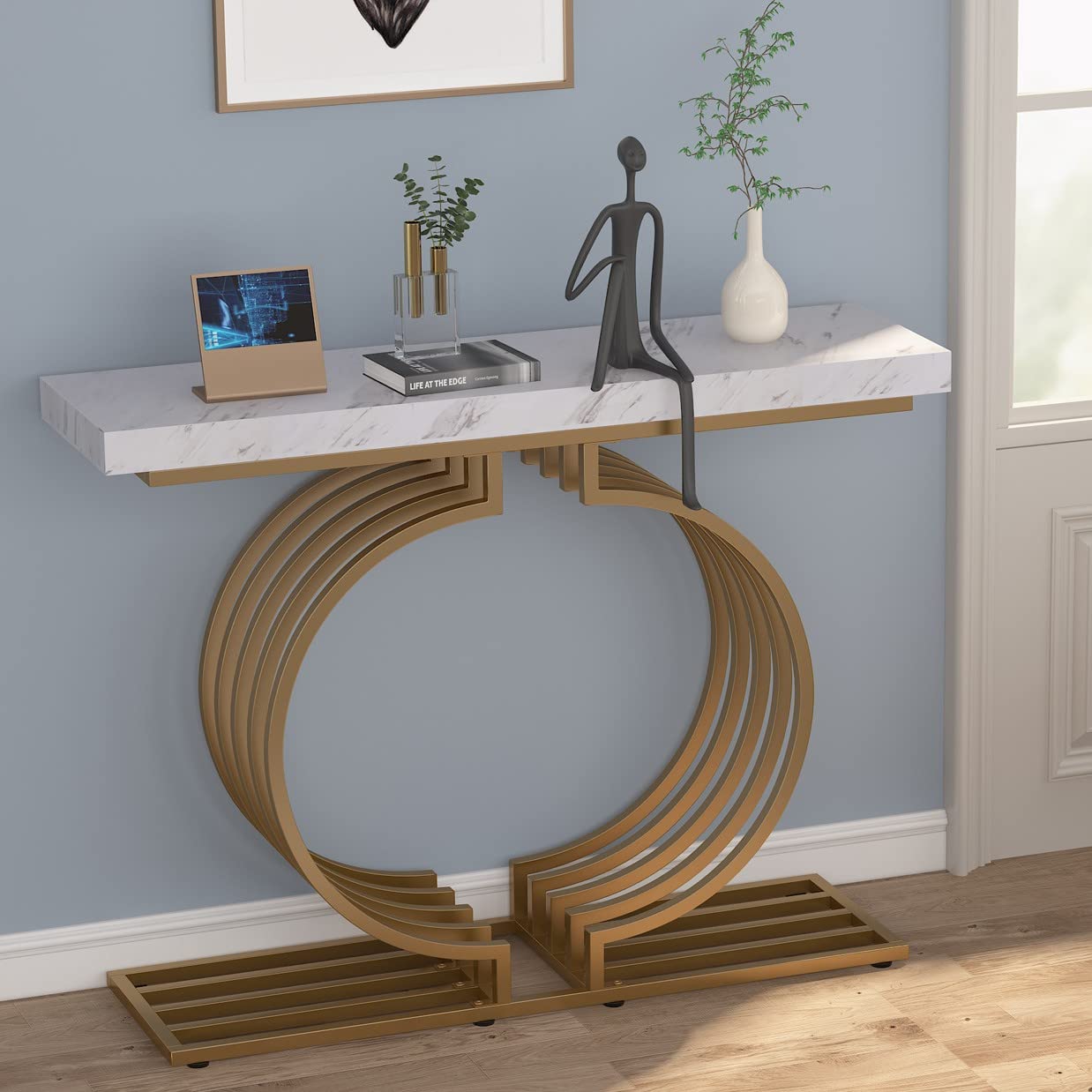 Tribesigns Modern Console Table with Gold Base, 40 inch Geometric Entryway Sofa Table Narrow Long, Contemporary Accent Table for Living Room, Entryway, Hallway, Entrance, Faux Marble White