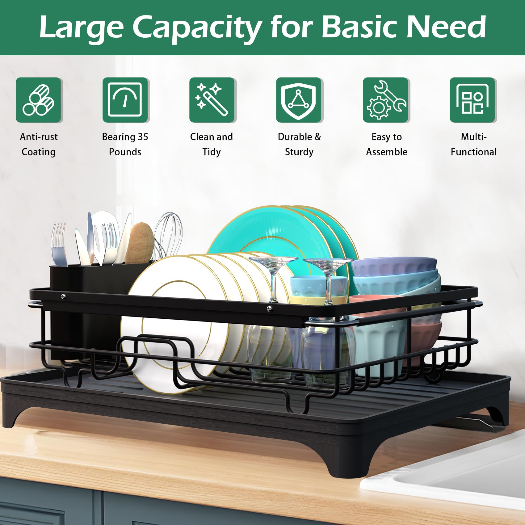Zhithink Dish Drying Rack, Extendable Dish Rack for Kitchen Counter with A Cutlery Holder, Drying Rack for Kitchen Sink, Durable Drying Rack Kitchen, Drying Rack Kitchen with Easy Installation, Black