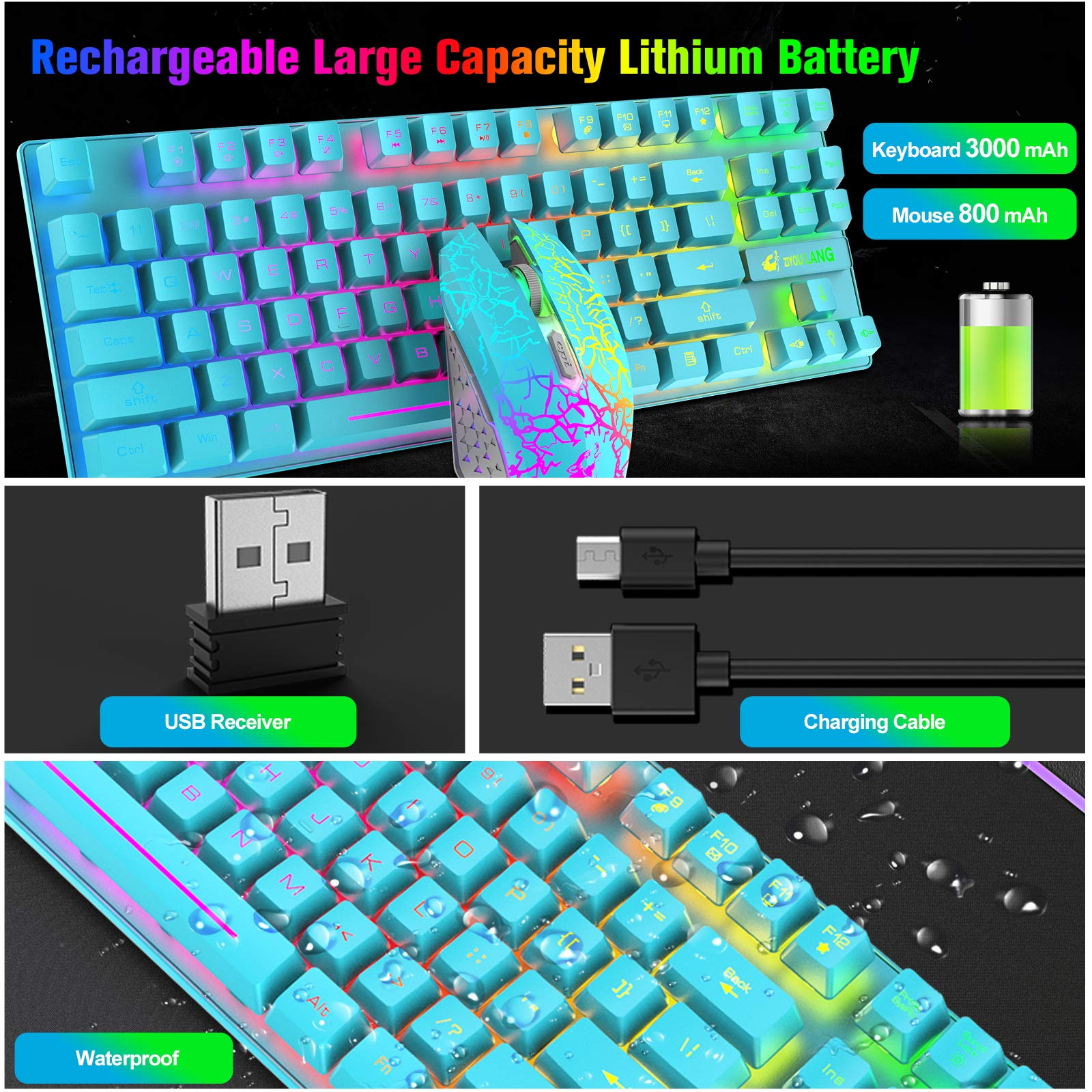 ZIYOU LANG Wireless Gaming Keyboard Mouse and Wired Headphone with Ergonomic 87Key Rainbow Backlight Rechargeable 3800mAh Battery Mechanical Anti-ghosting Mouse pad for PC Laptop Gamer Typist(Blue)