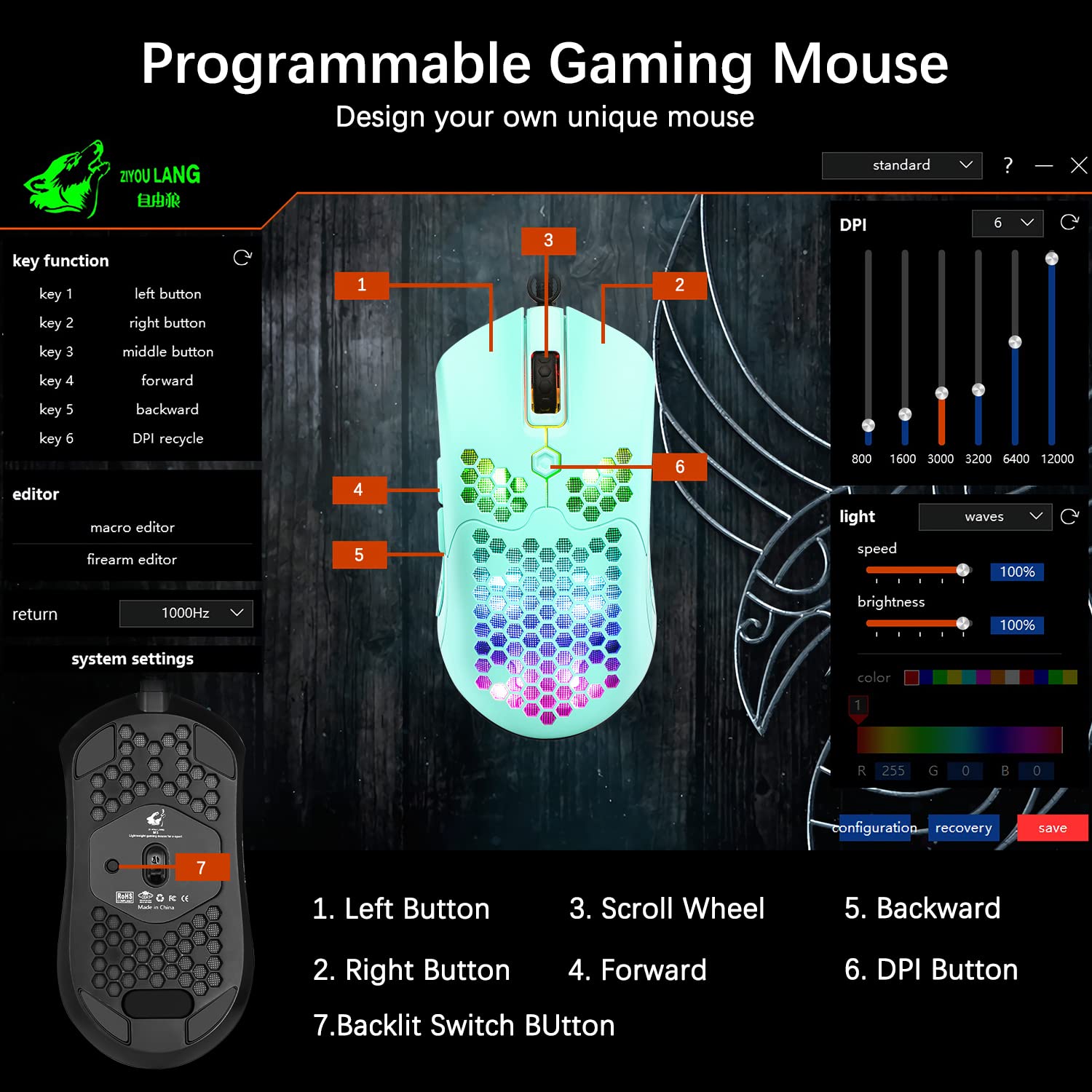 ZIYOU LANG M5 RGB Lightweight Wired Gaming Mouse with 12000 DPI 6 Programmed Buttons,65G Honeycomb Shell,Ultralight Ultraweave Cable,Pixart 3325 Optical Sensor Gamer Mice(Black)