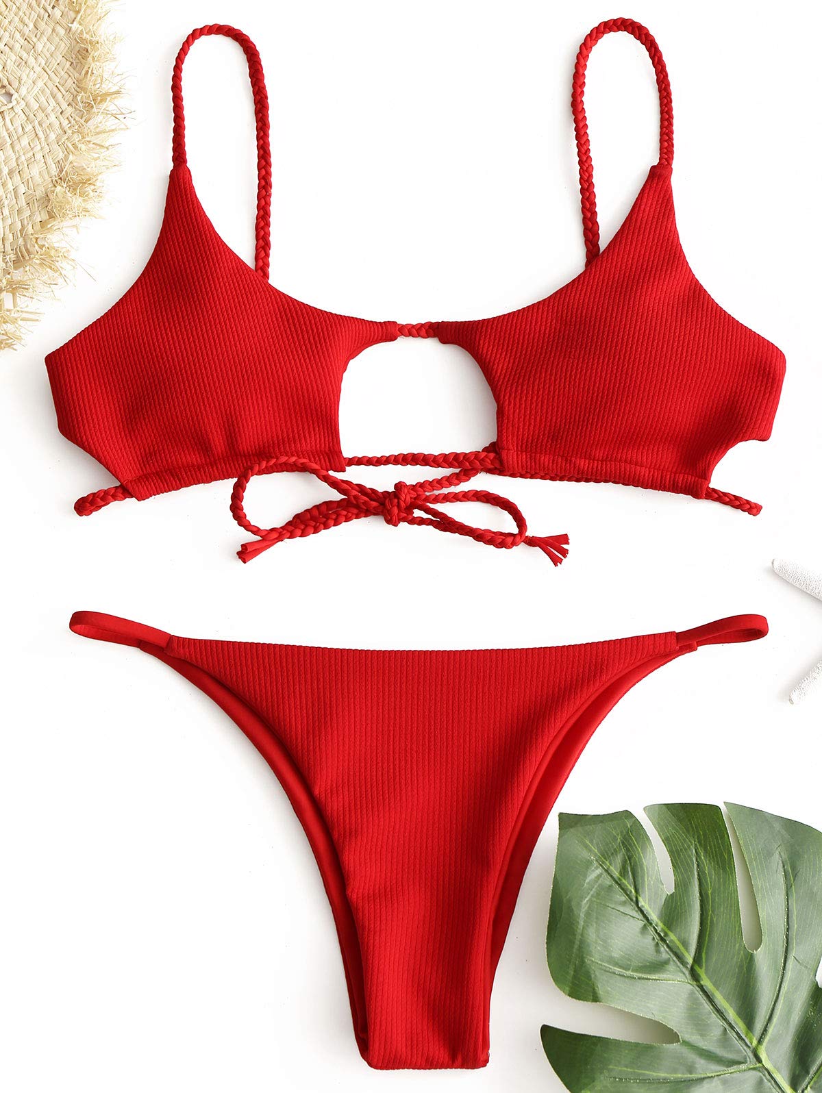 ZAFUL Womens cut out bikini set swimsuit Cami String High Cut Sexy Bathing suit Red