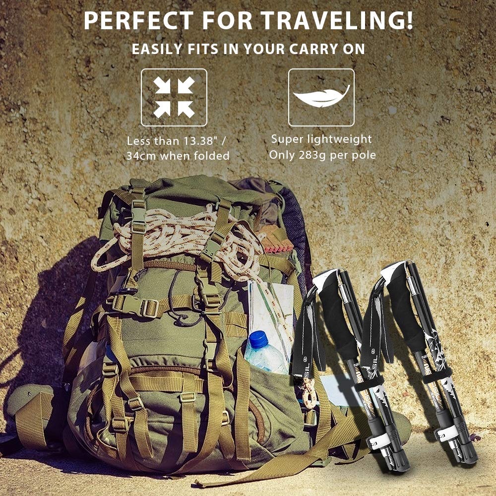 Winkeyes Folding Hiking Poles - 2pc Pack Collapsible Trekking Poles Lightweight & Antishock Aluminum 7075 Walking Stick with Adjustable Quick Flip-Lock for Men, Women, Black