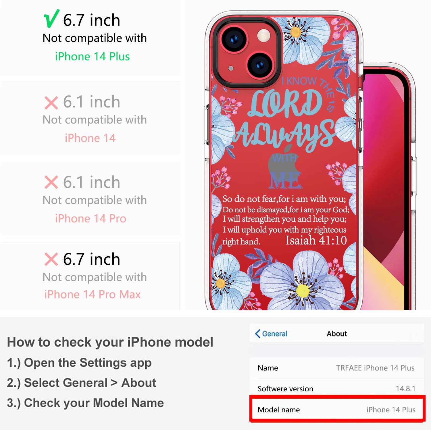 TRFAEE Compatible with iPhone 14 Plus Case,Shockproof Anti-Scratch Clear Transparent TPU Bumper Protective Phone Case Cover Women Cute Floral Bible Verse Quotes Designed for iPhone 14 Plus 6.7 Inch