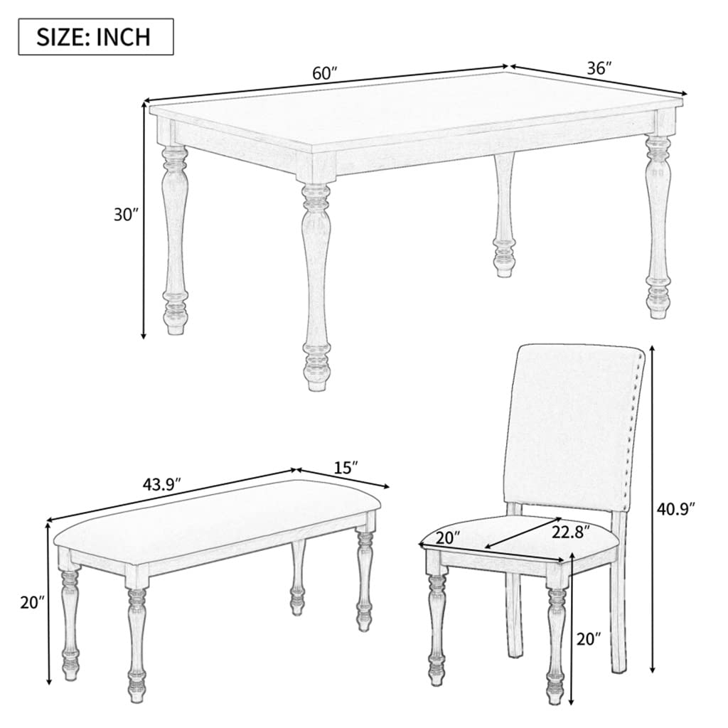 ZHYH 6 Piece Wooden Dining Table Rectangular Table with Turning Legs 4 Upholstered Chairs and Dining Room Bench