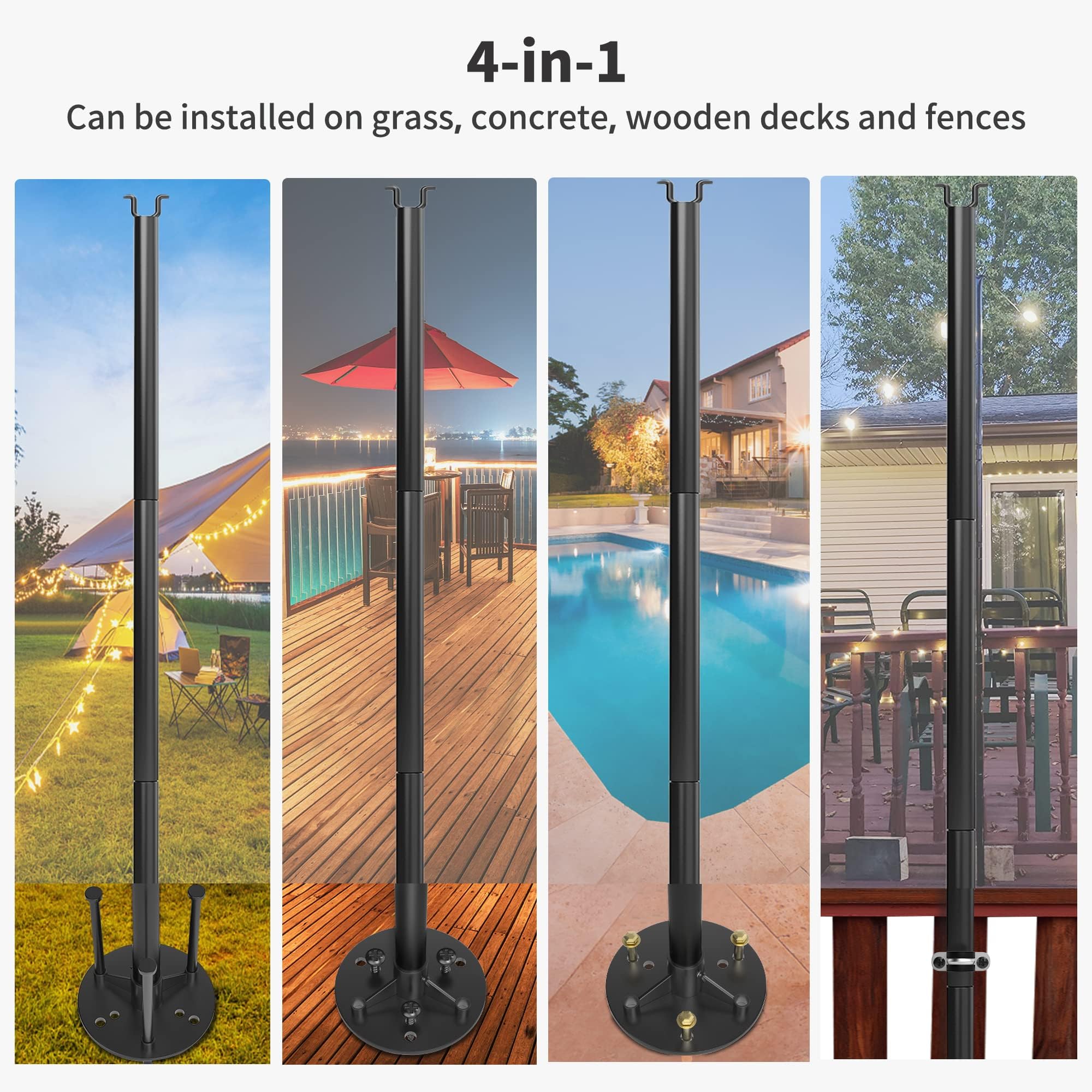 YITAHOME 6 Pack Outdoor String Light Poles, 11ft 4-in-1 Outside String Lights Pole Stand for Patio, Deck, Fence