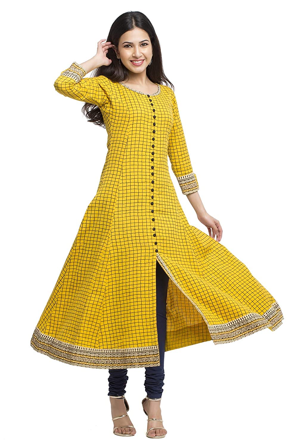 Yash Gallery Women's Cotton Slub Checks Print 3/4 Sleeves Anarkali Kurta (Yellow, XL)