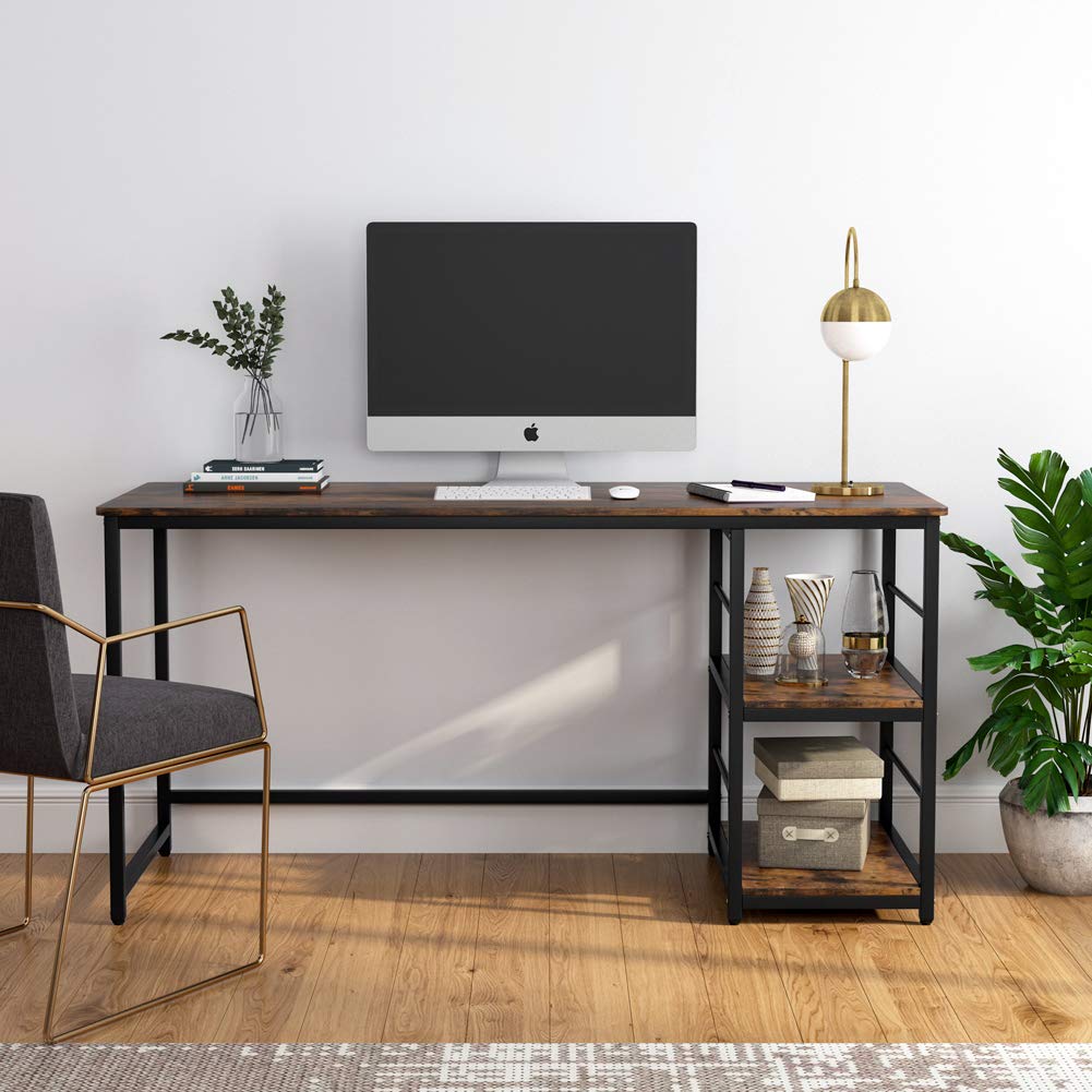 Tribesigns 55 Inch Computer Desk with 2-Tier Storage Shelves, Rustic Modern Home Office Desk Study Table Studying Writing Desk Workstation for Home Office (55 Inch, Retro Brown)