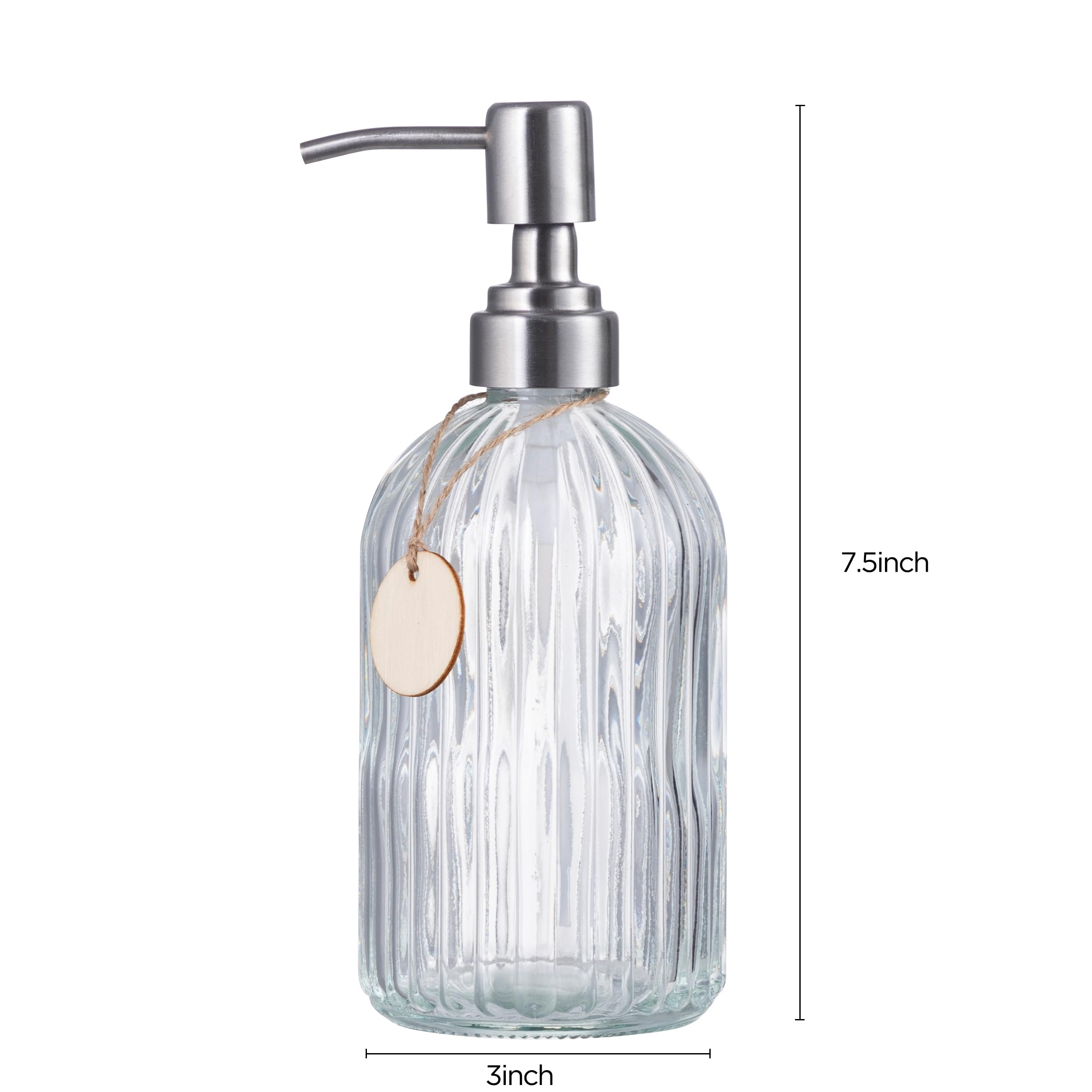 Vorey 16 Oz Glass Soap Dispenser with 304 Stainless Steel Pump, Refillable Liquid Hand Soap Dispenser for Kitchen, Bathroom, Farmhouse Decor Accessories (2 Pcs Clear, Vertical Grain)