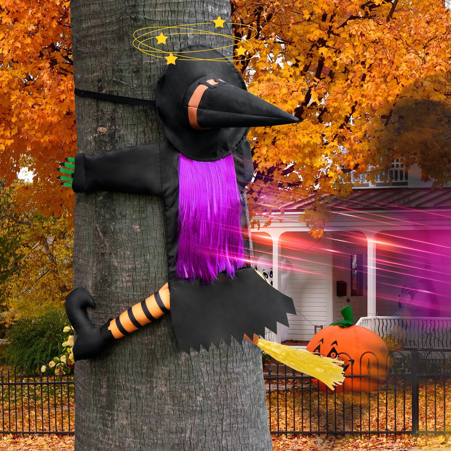 Y- STOP Nylon Crashing Witch, Halloween Decorations Outdoor Witch with Adjustable Band, Door Porch Tree Halloween Decor Props