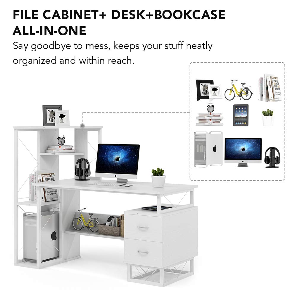 Tribesigns Computer Desk with Drawers, Functional Writing Desk with Corner Tower Shelves Works as Home Office Compact Workstation Desk for Small Space (All White)