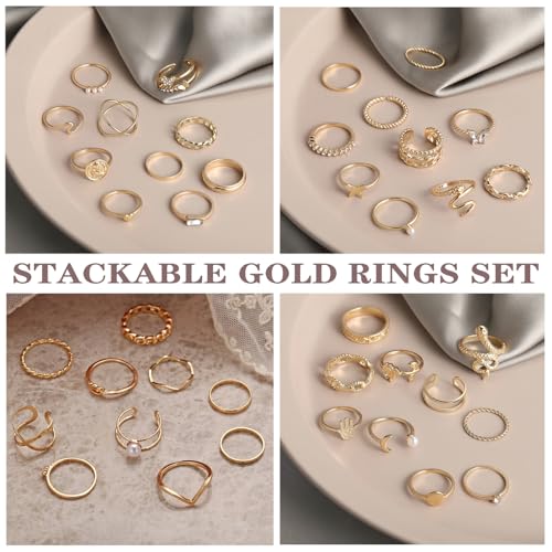 YEEZII 68 Pcs Gold Knuckle Rings Set for Women, Stackable Rings Boho Joint Finger Midi Rings Silver Hollow Carved Crystal Stacking Rings Pack
