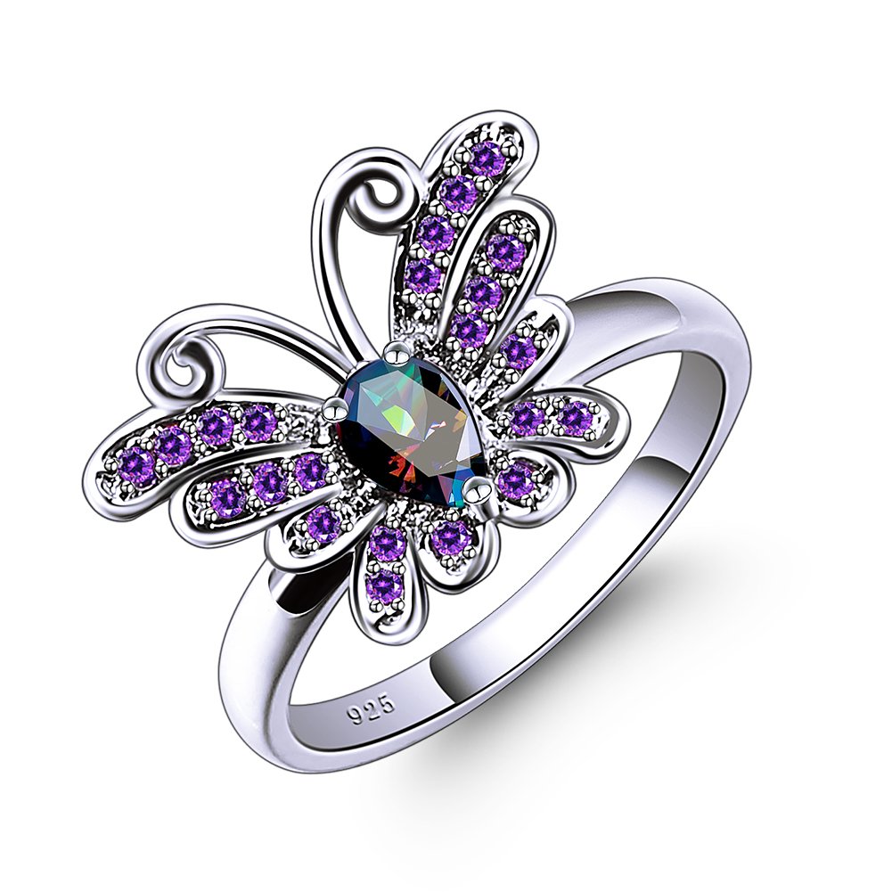 Veunora Silver Plated 4x6mm Pear Cut Created Rainbow Topaz and Amethyst Cubic Zirconia Filled Promise Proposal Engagement Wedding Butterfly Ring Band for Women Size 13