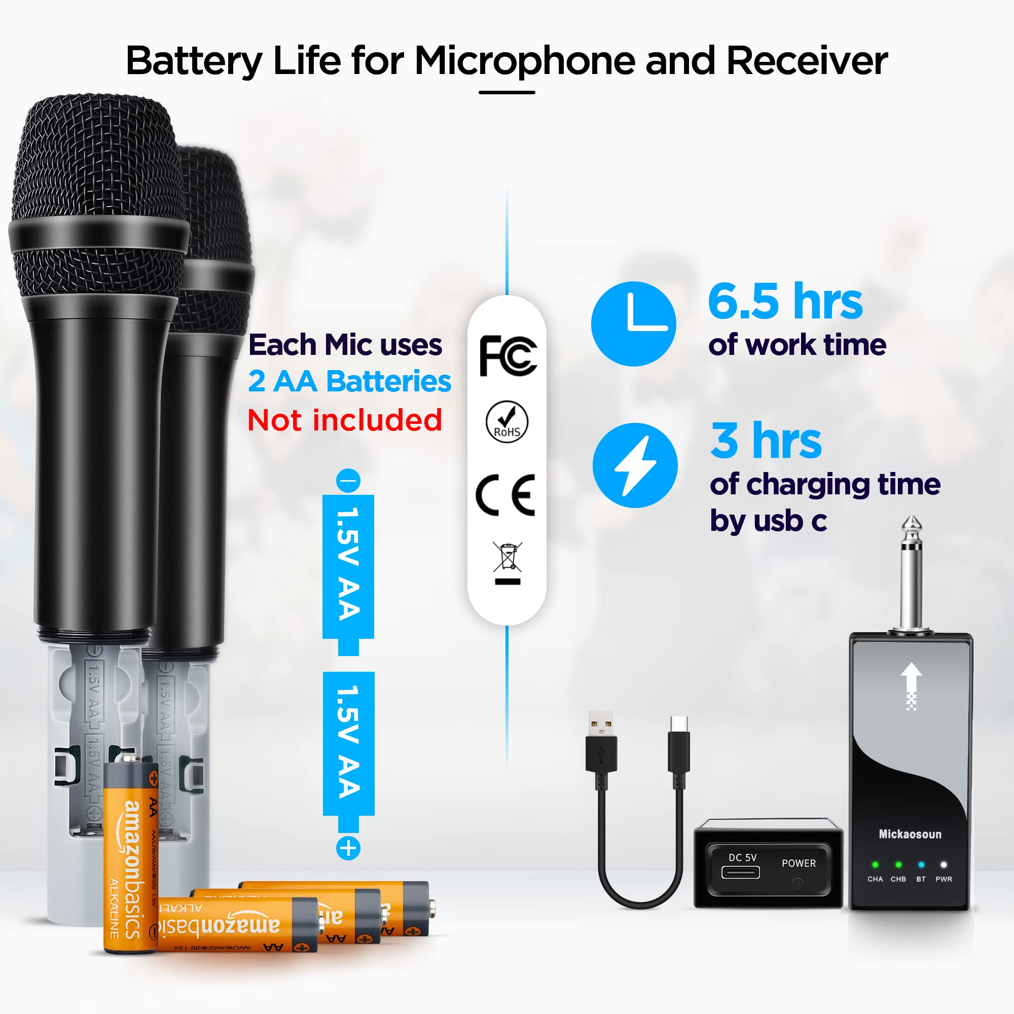 Wireless Microphone, UHF Dual Metal Handheld Cordless Dynamic Karaoke Mic System with 1/4'' Output Rechargeable Receiver, Plugd＆Play, for Karaoke, Party, Singing, Wedding, Church, Speech, DJ(260ft)